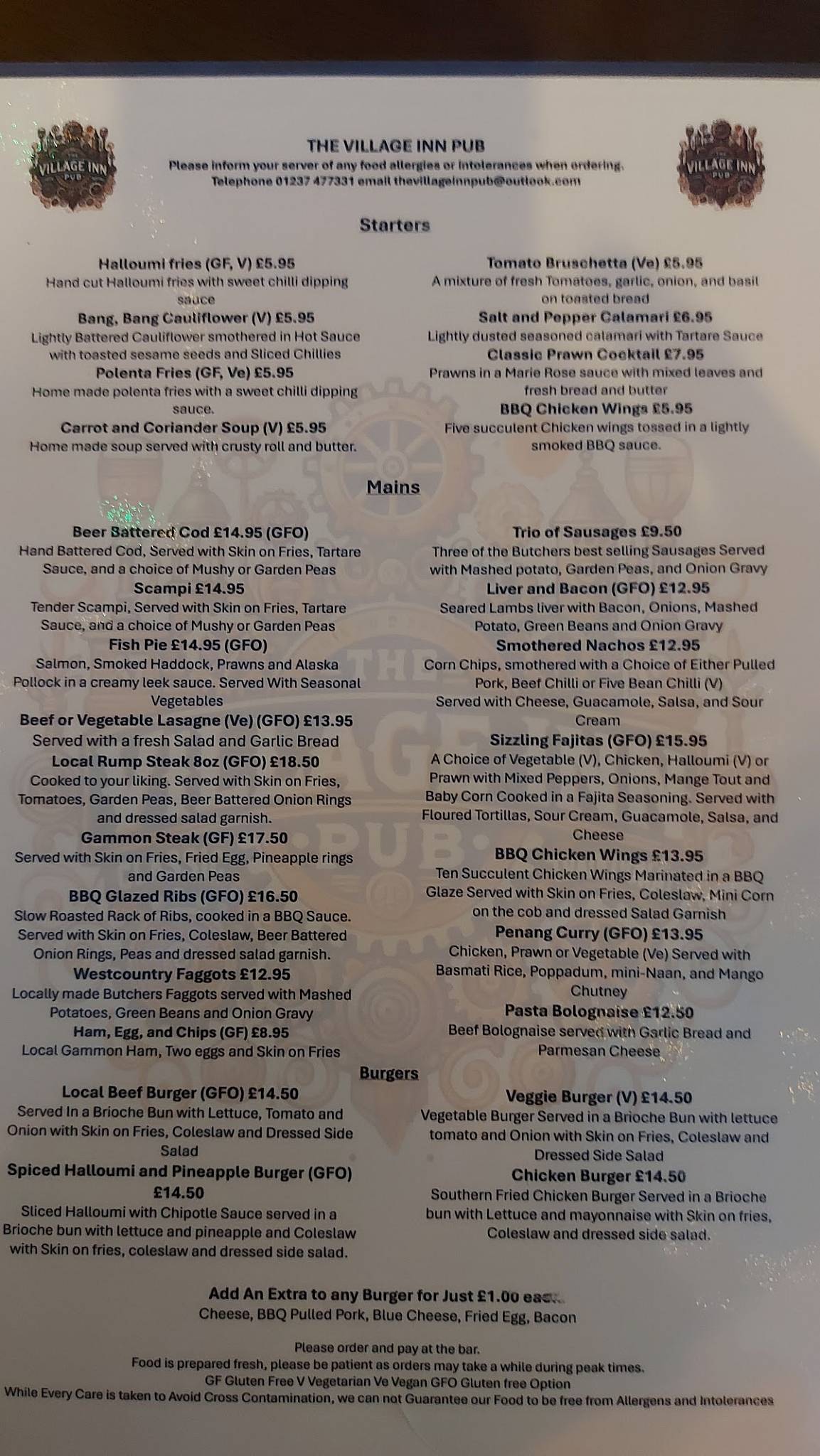 Menu at The Village Inn pub & bar, Bideford