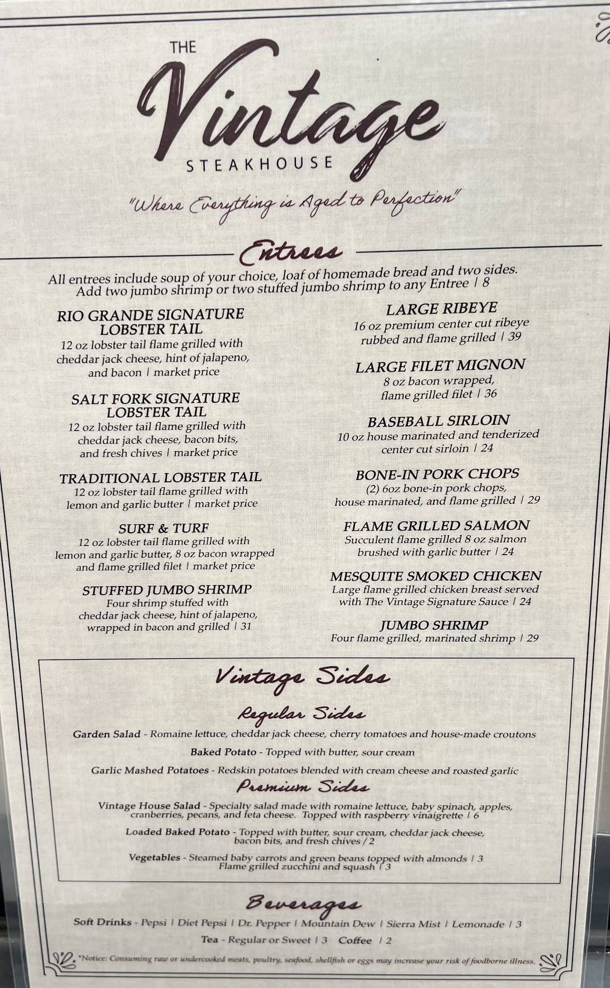Menu at The Vintage Steakhouse, Morrison