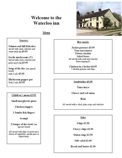 Menu at The Waterloo Inn pub & bar, Hartington Nether Quarter, Main St
