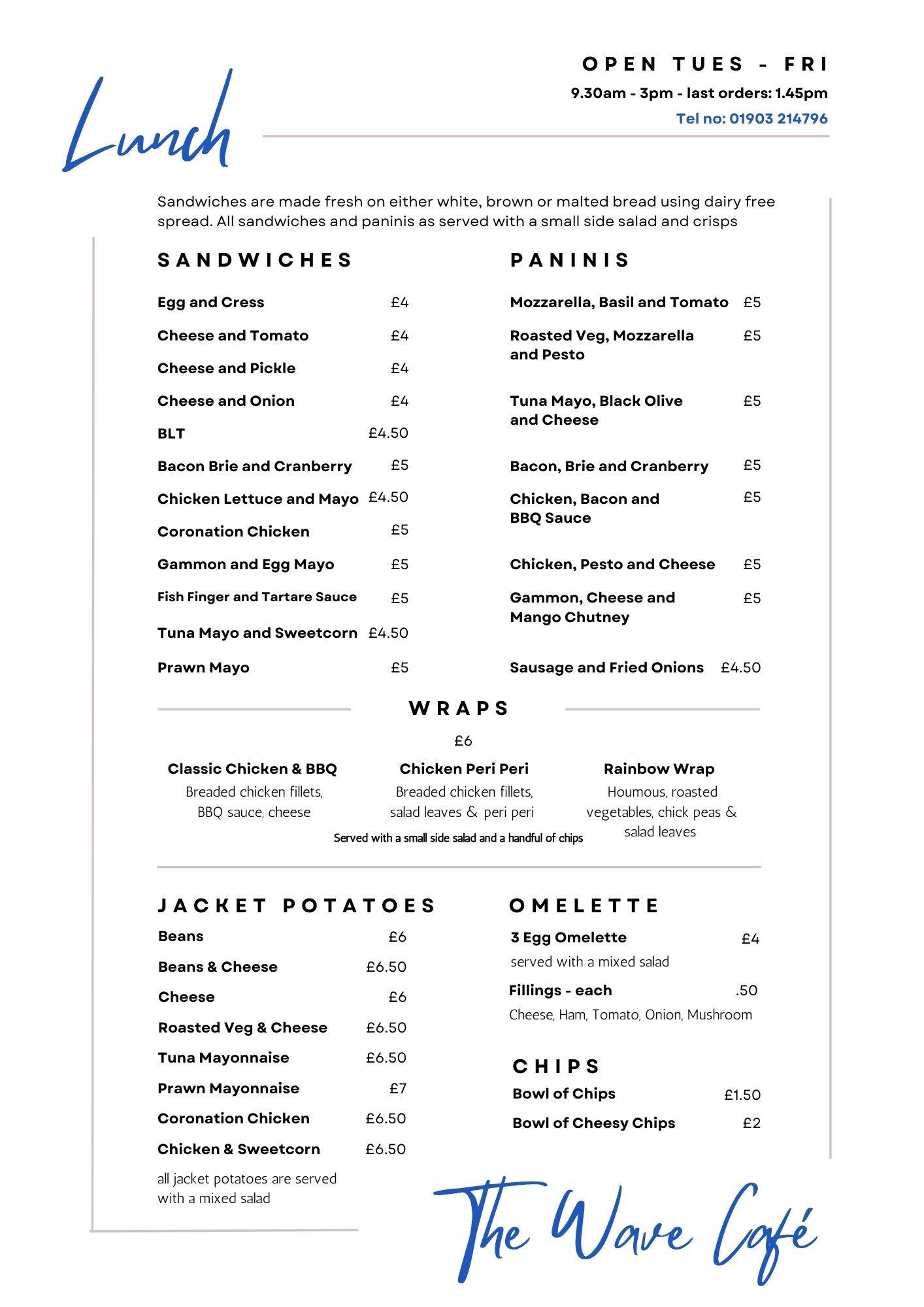 Menu at The Wave Cafe, Worthing