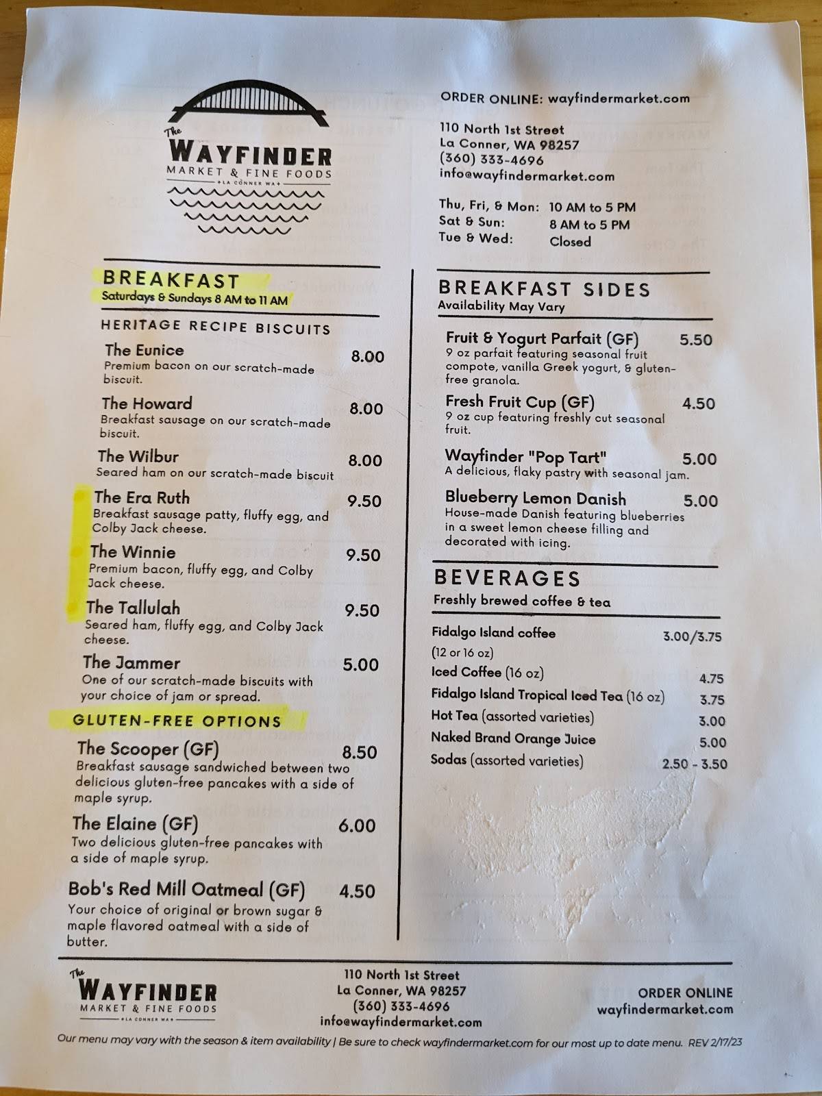 Menu at The Wayfinder Cafe, La Conner