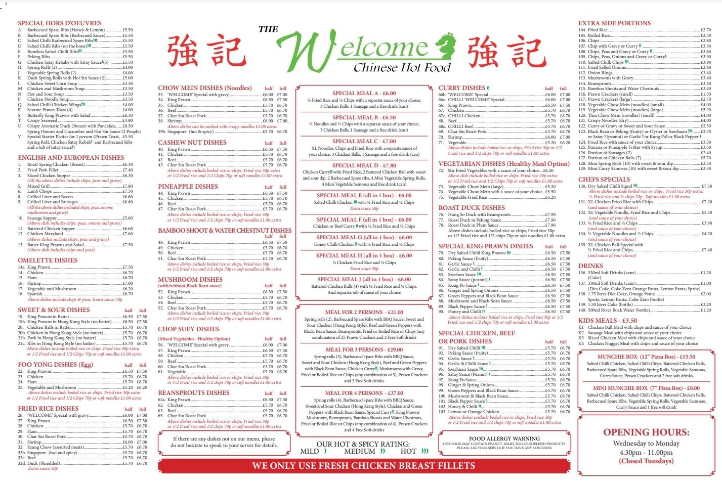Menu at The Welcome Chinese restaurant, Belfast, 73 Glen Rd