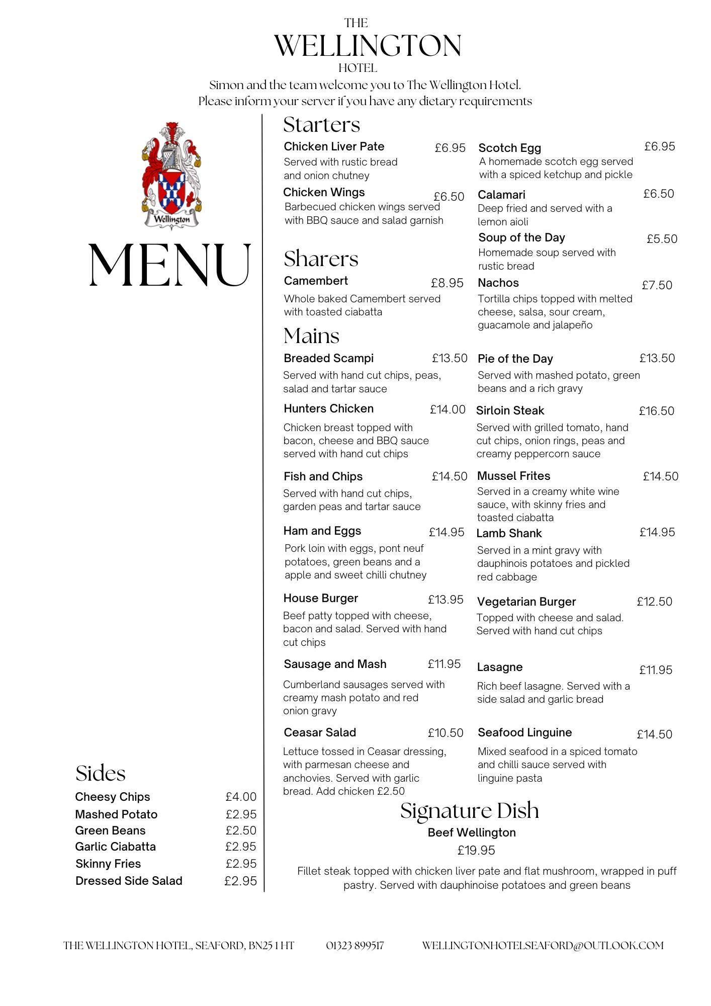 Menu at The Wellington Pub and Bed & Breakfast, Seaford