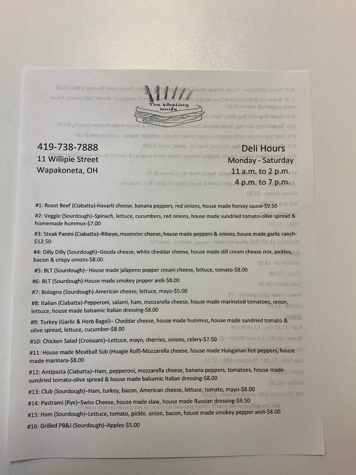 Menu at The Whaling Knife desserts, Wapakoneta