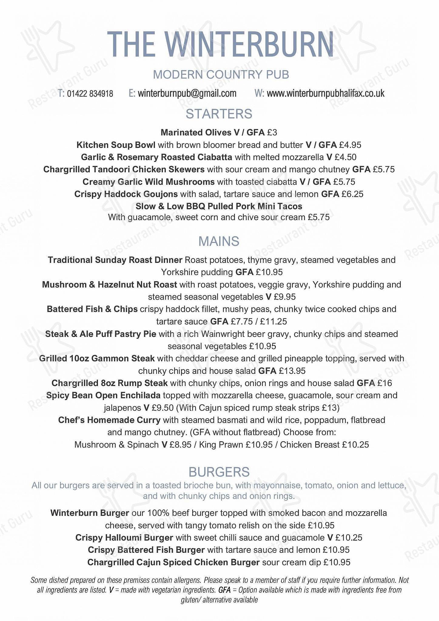 Menu at The Winterburn pub & bar, Halifax