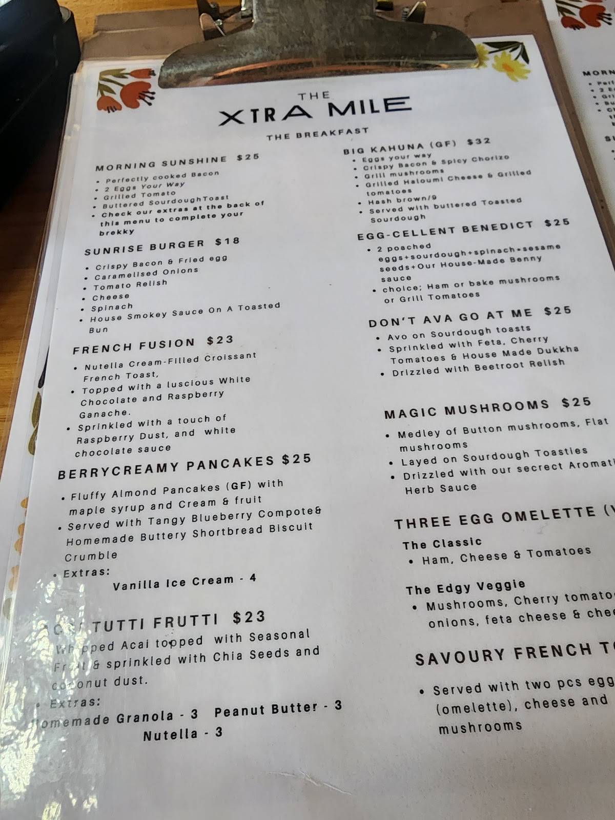 Menu at The Xtra Mile Cafe, Mount Isa