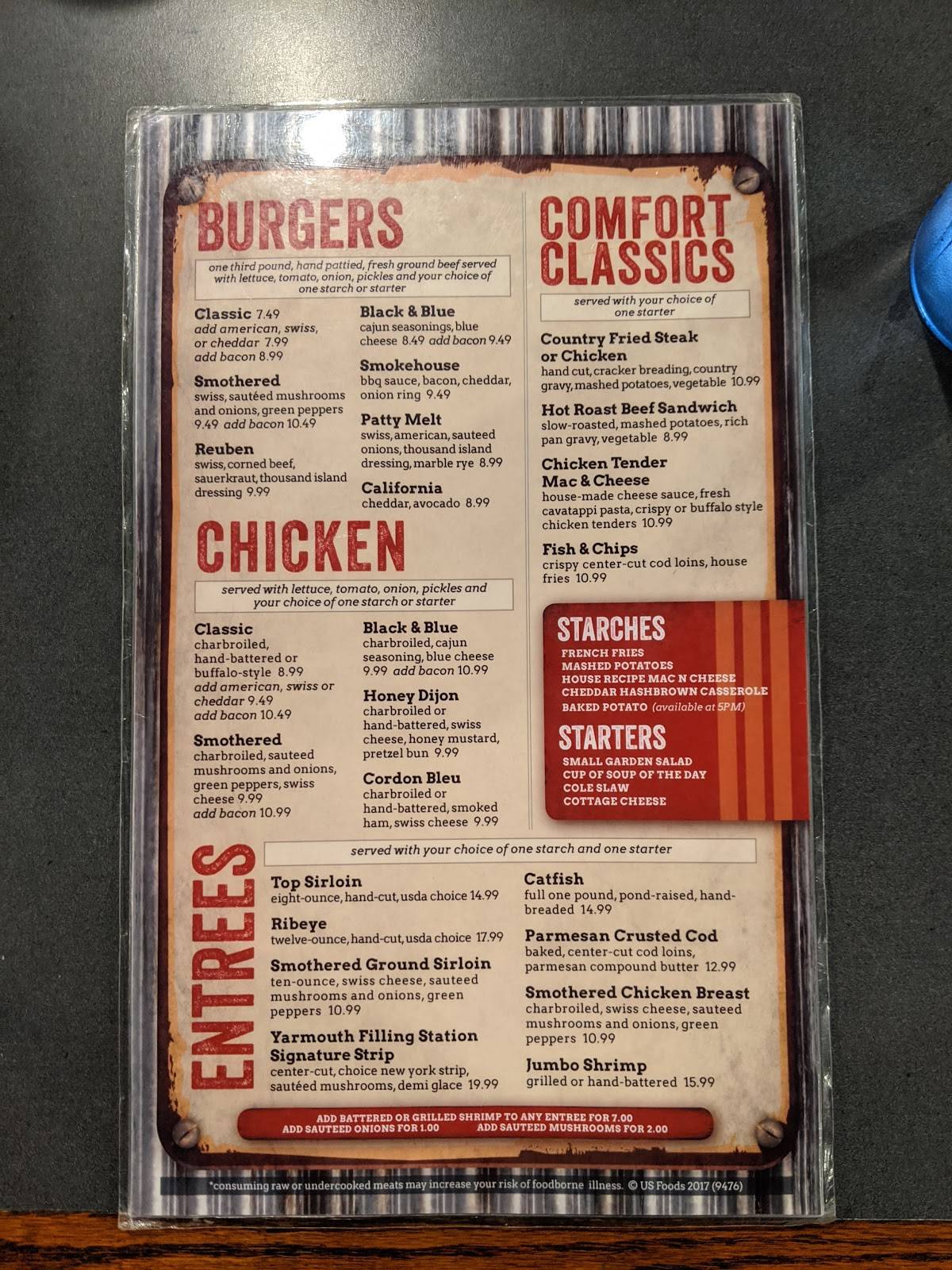 Menu at Yarmouth Filling Station restaurant, Yarmouth