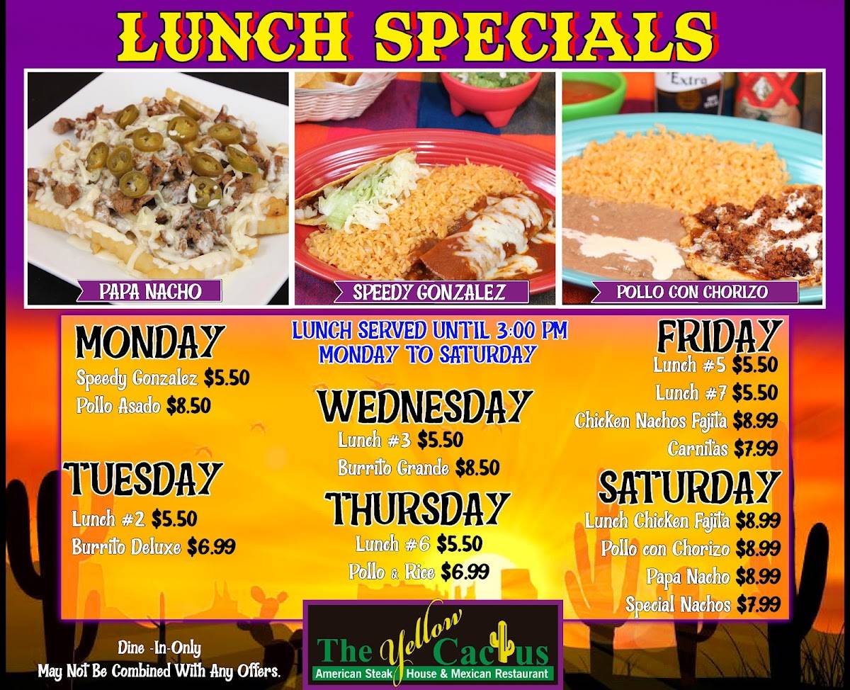 Menu at The Yellow Cactus steakhouse, Jeffersontown, Galene Dr