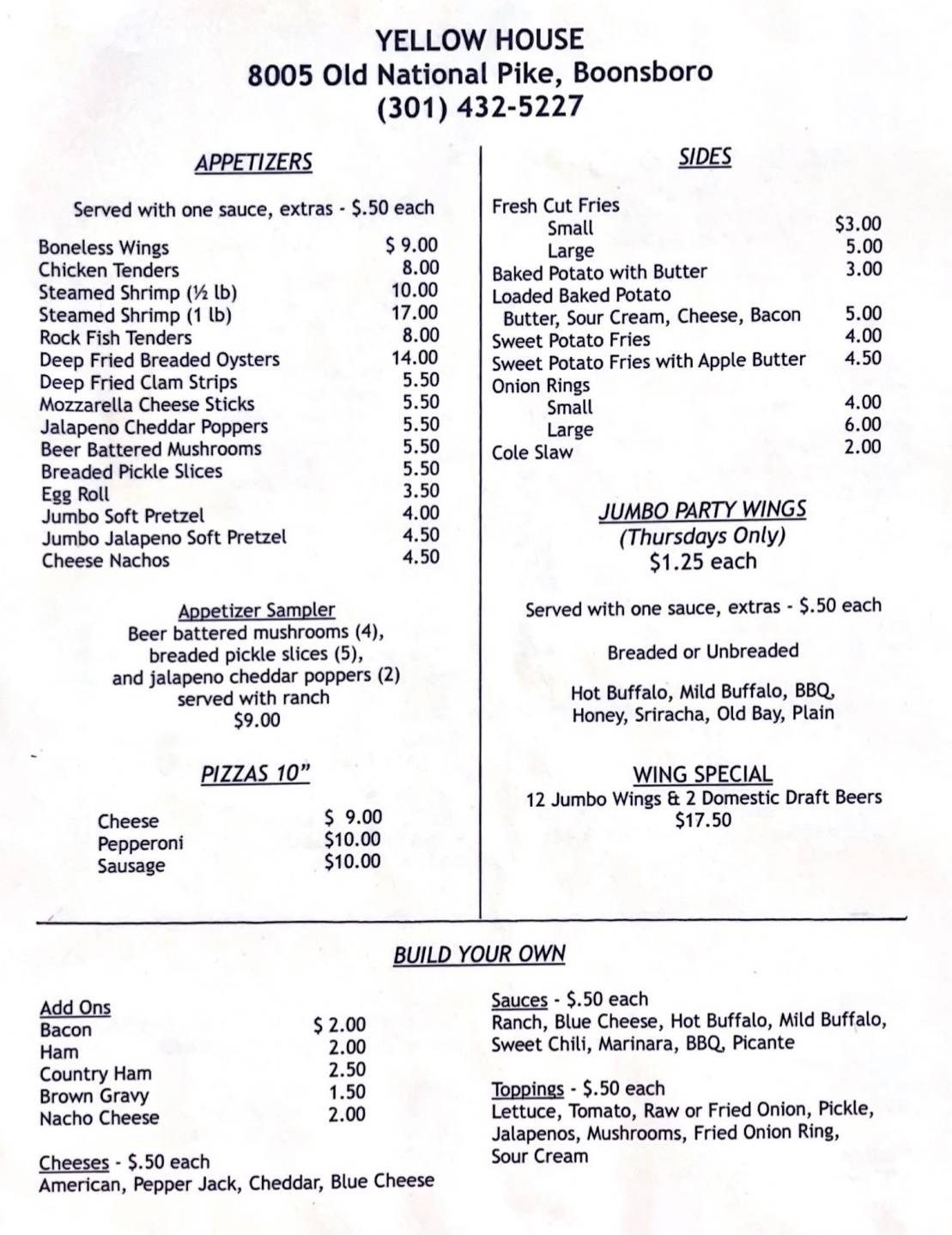 Menu at The Yellow House pub & bar, Boonsboro