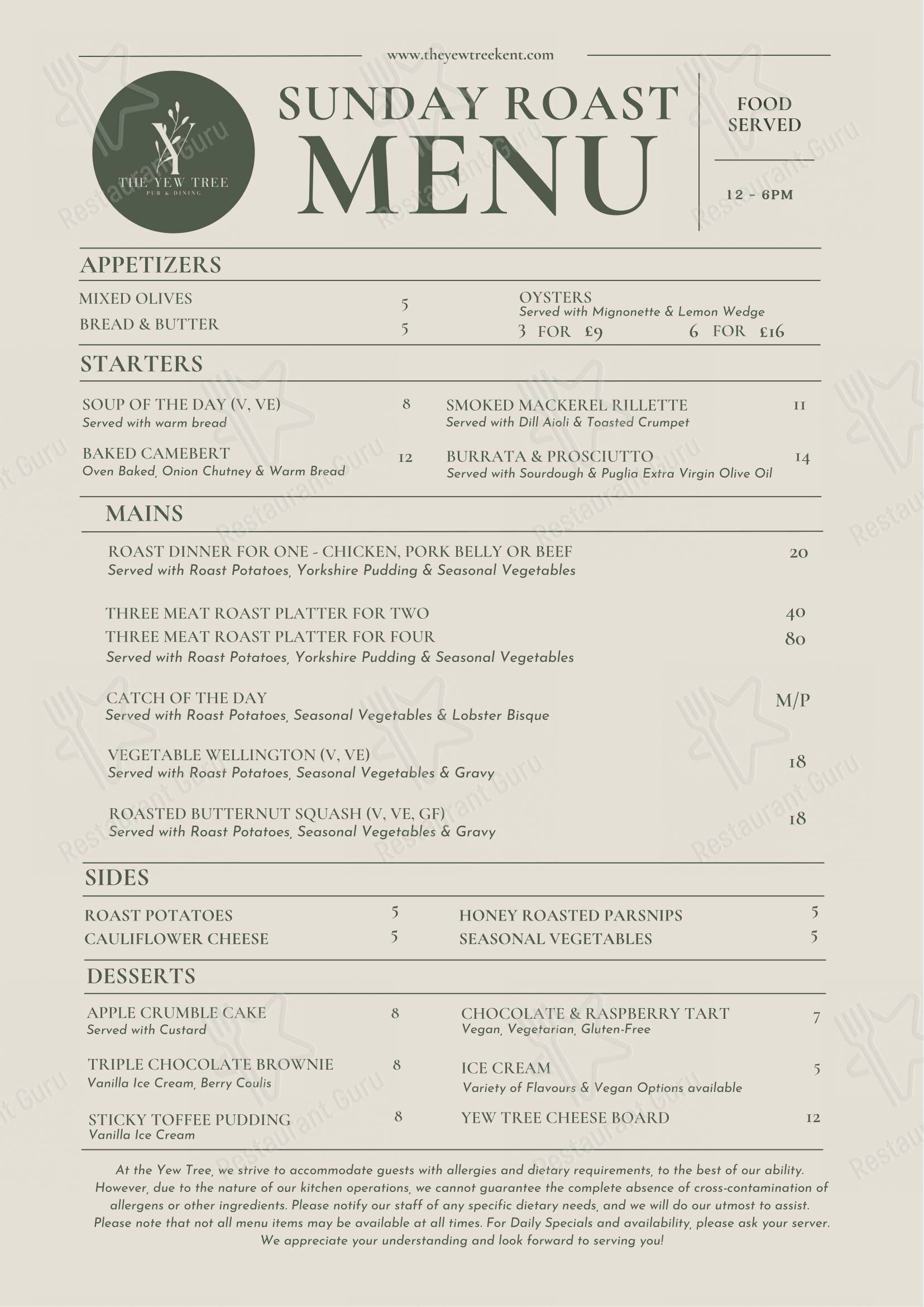 Menu at The Yew Tree, Kent pub & bar, Maidstone