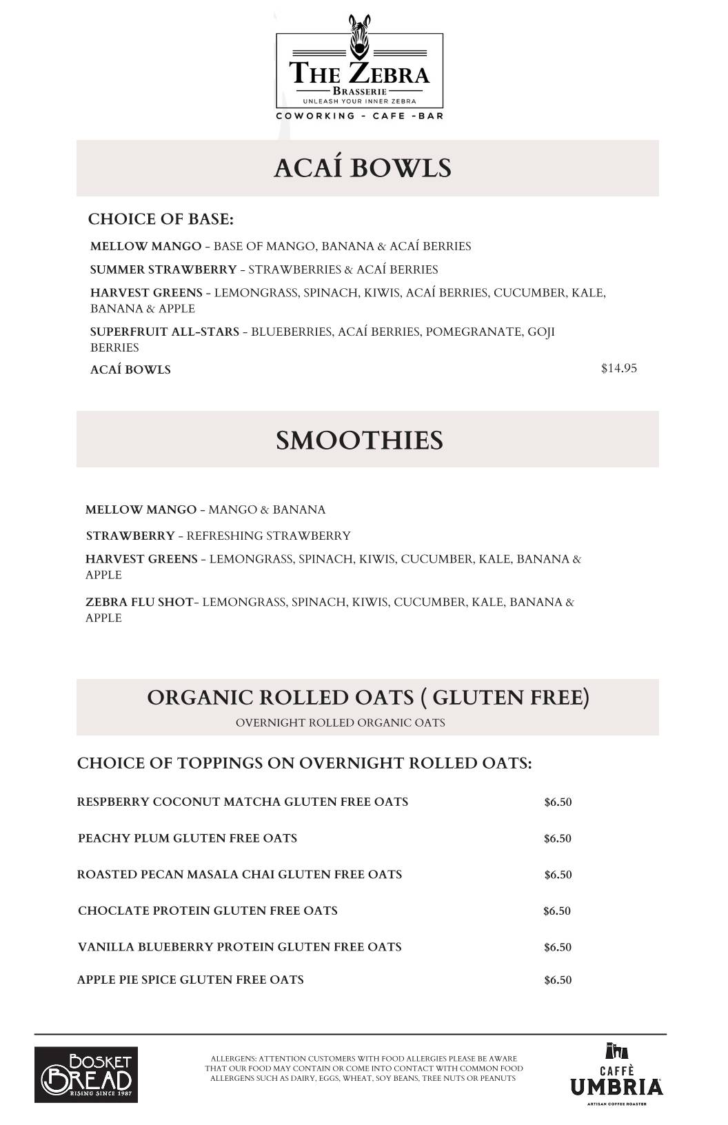 Menu at The Zebra Brasserie desserts, Wenatchee