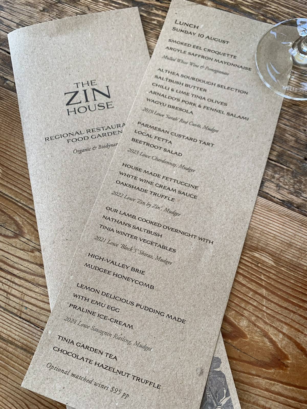 Menu at The Zin House restaurant, Eurunderee