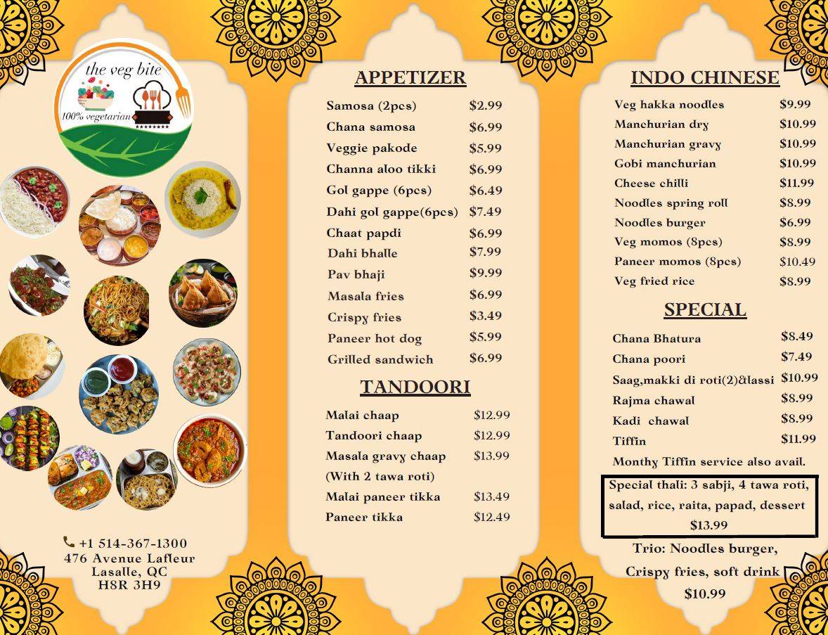 Menu at The veg bite restaurant, Montréal