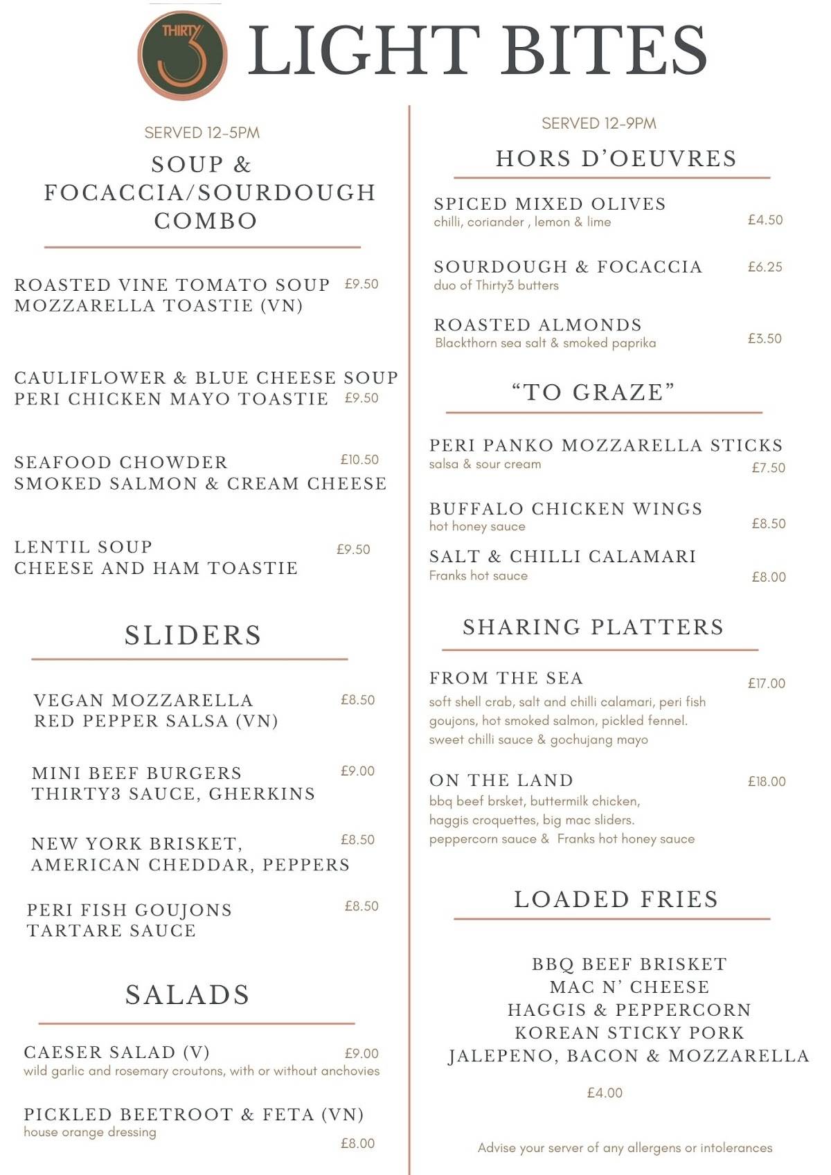 Menu at Thirty3 restaurant, Largs