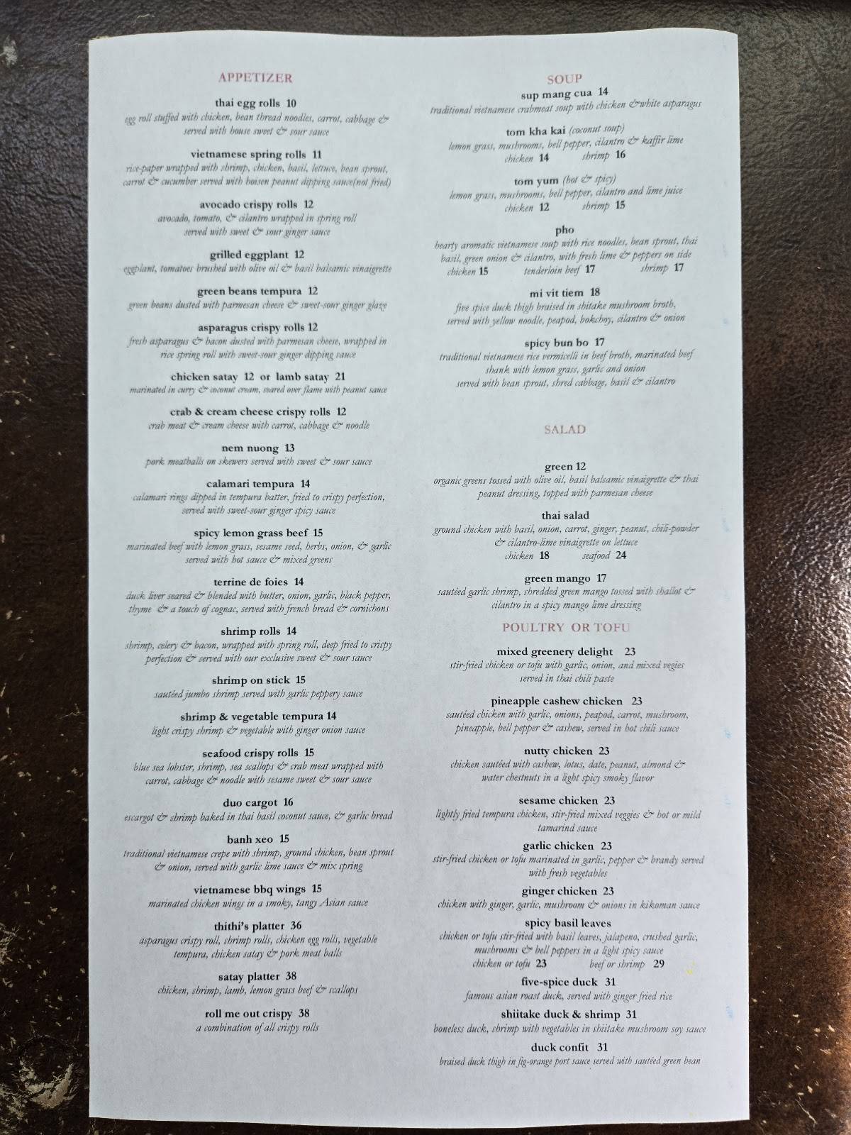 Menu at Thithi's Fine Dining and Martinis Bar, Westchester