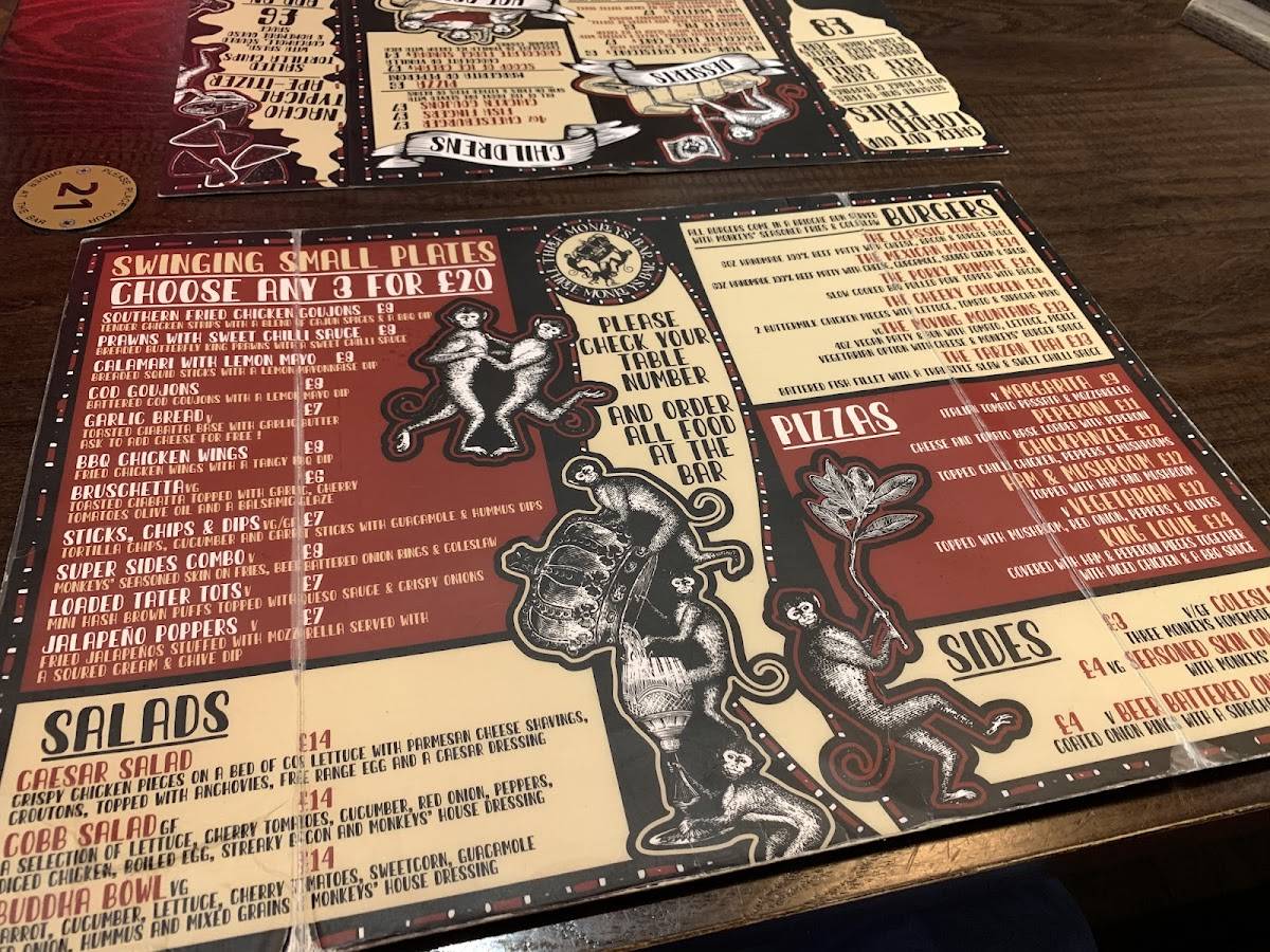 Menu at Three Monkeys Bar, Skegness