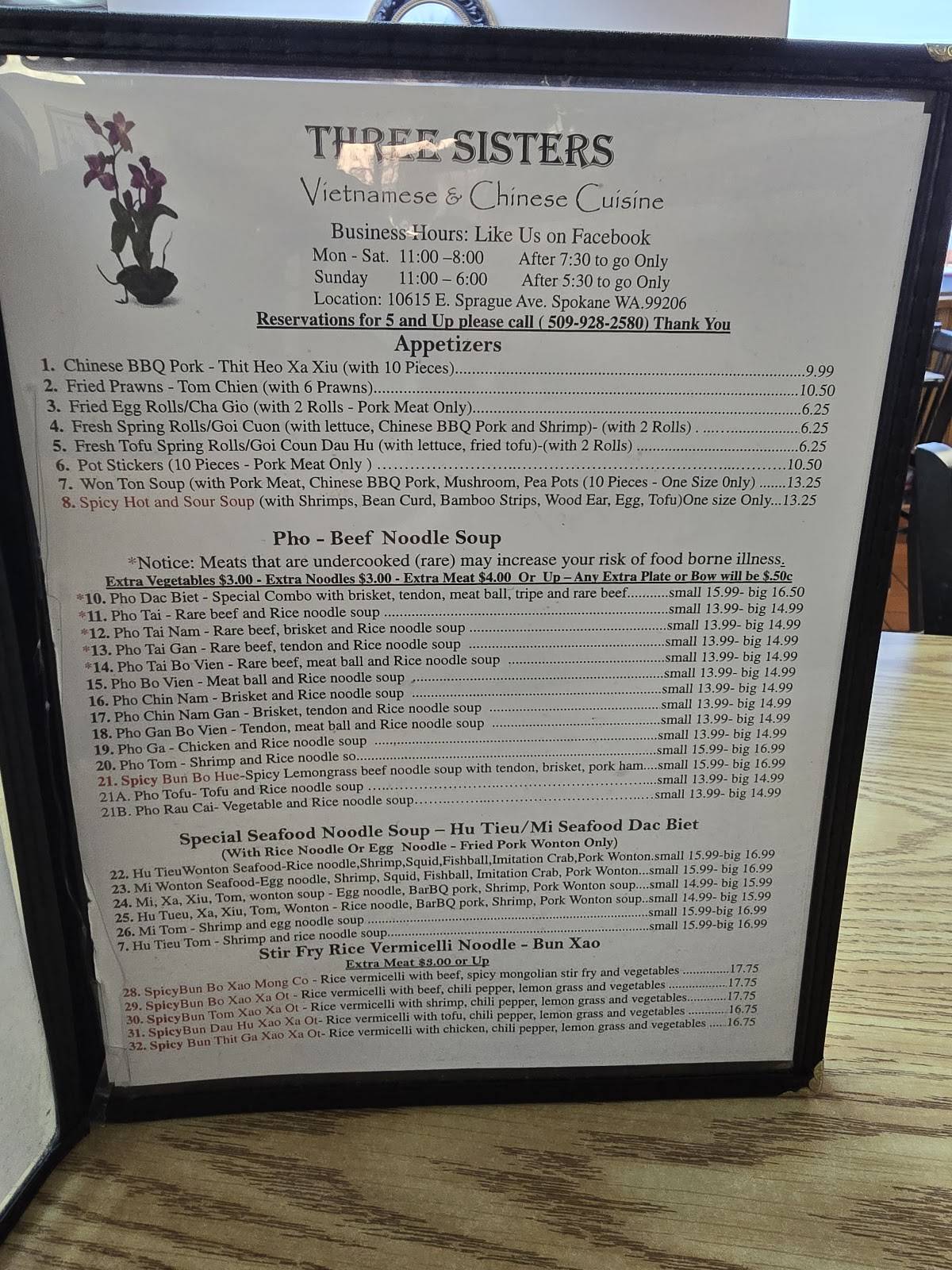 Menu at Three Sisters Restaurant, Spokane Valley, E Sprague Ave