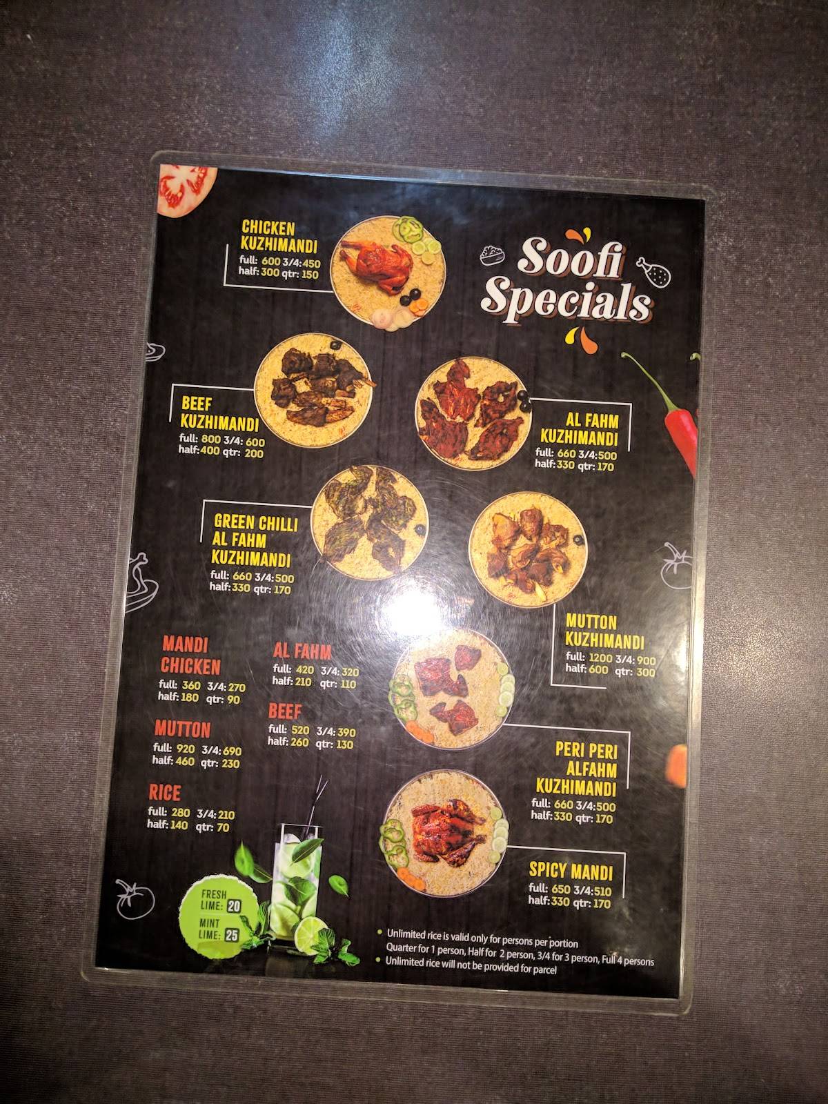 Menu at Soofi Mandi, Thrissur