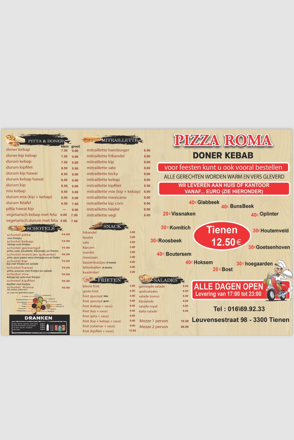 Menu au Pizza Roma, Tirlemont