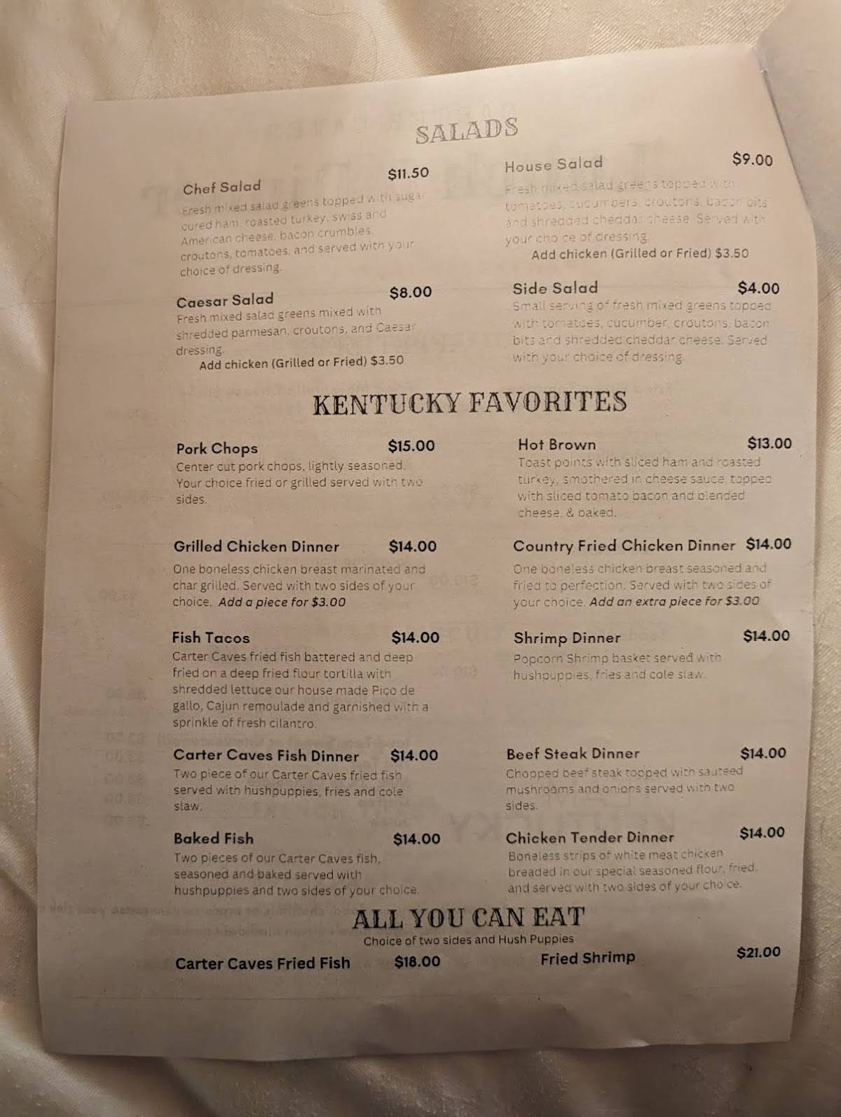 Menu at Tierney's Cavern restaurant, USA