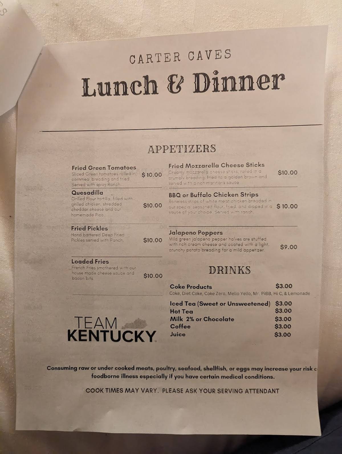 Menu at Tierney's Cavern restaurant, USA