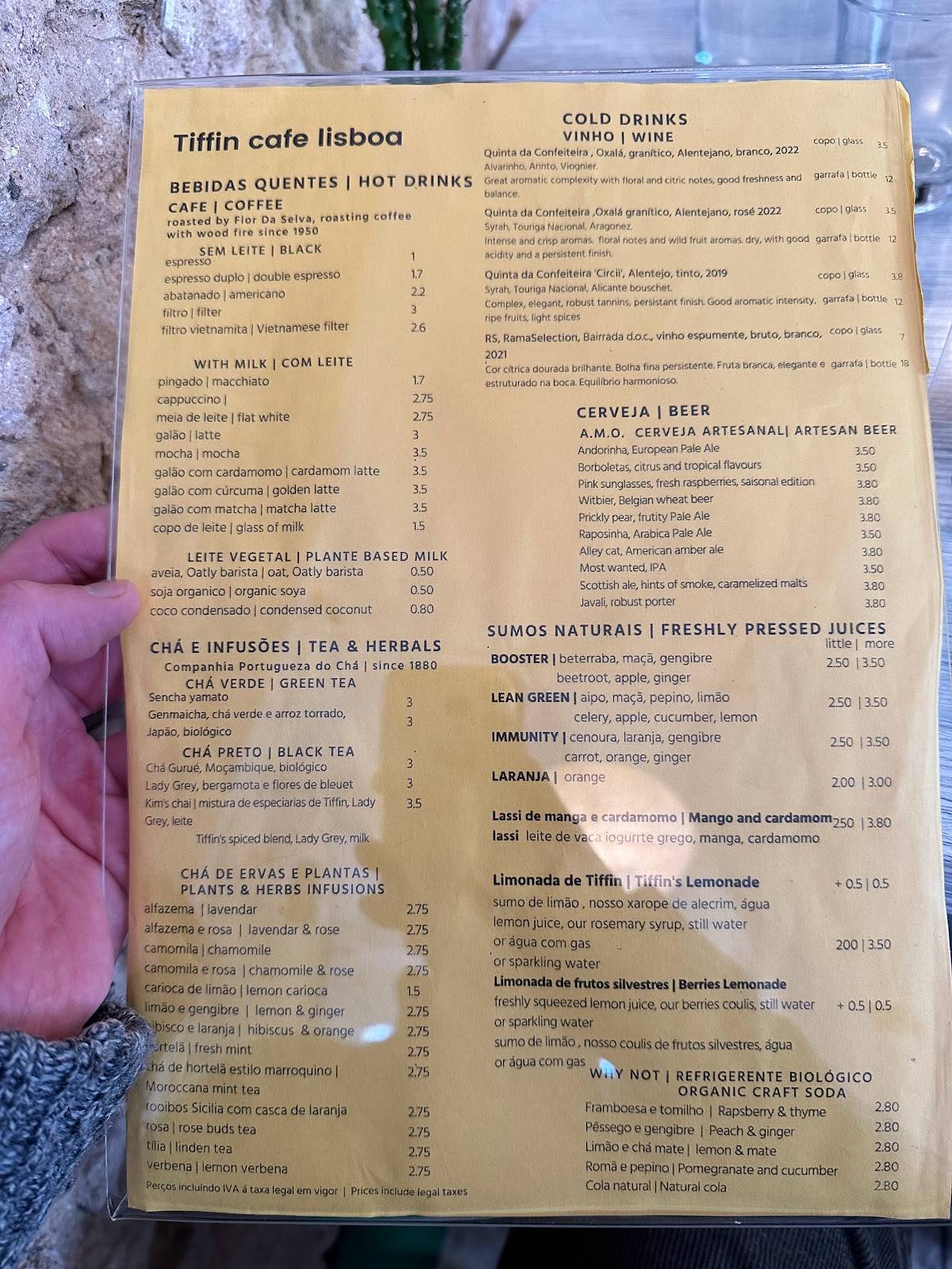 Menu at Tiffin Cafe Lisboa, Lisbon