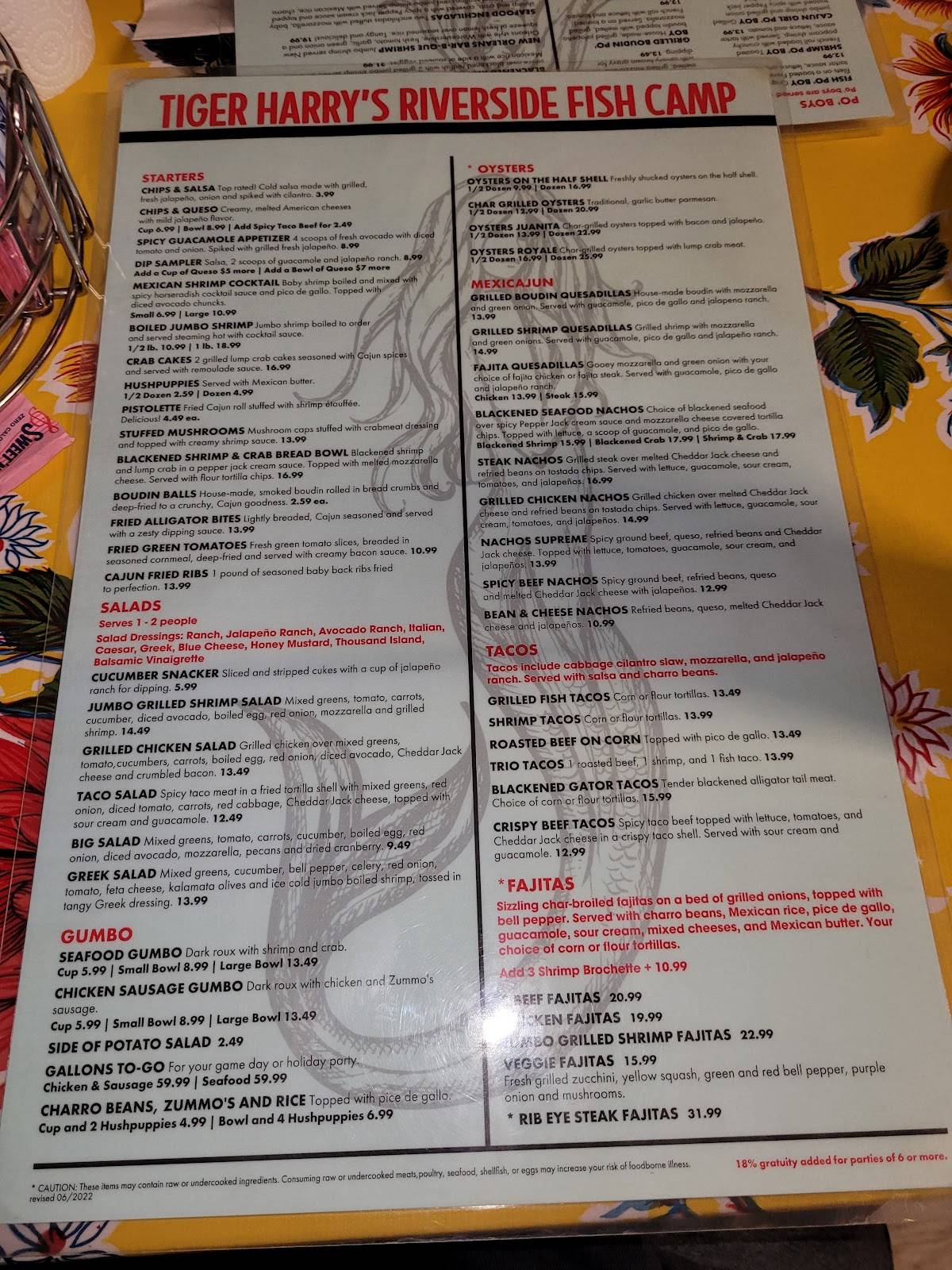 Menu at Tia Juanita's Riverside Fish Camp pub & bar, Liberty, 439 US-90