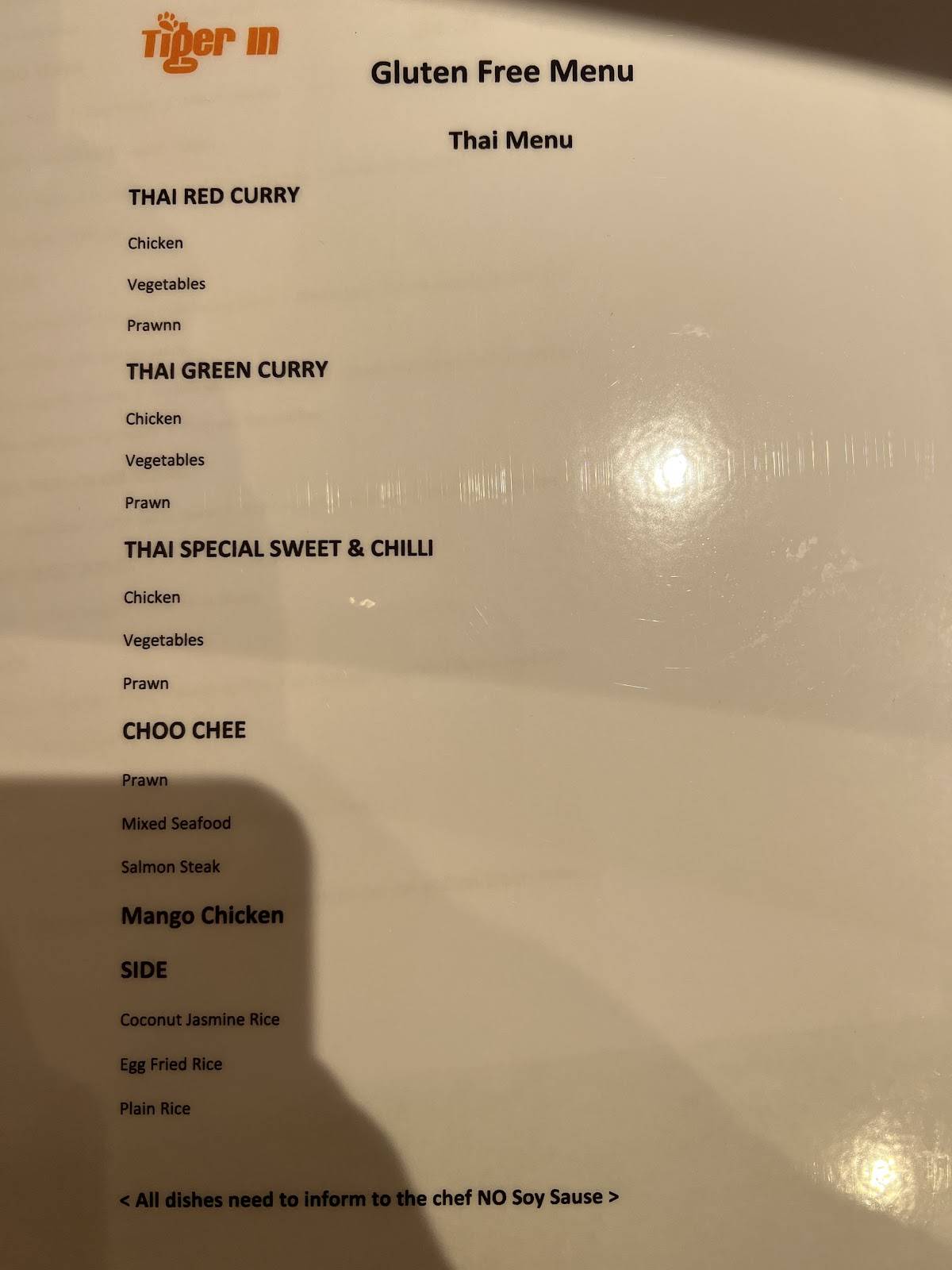 Menu at Tiger In Chinese & Thai Takeaway restaurant, Prestonpans