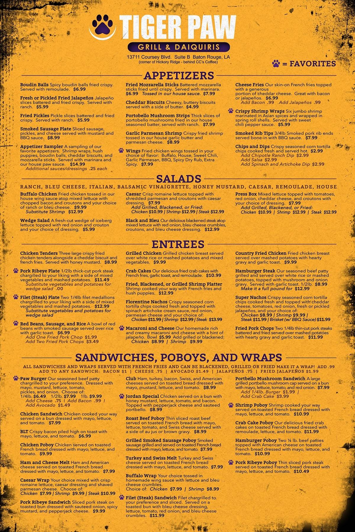 Menu at Tiger Paw Grill and Daiquiris pub & bar, Baton Rouge, Coursey Blvd