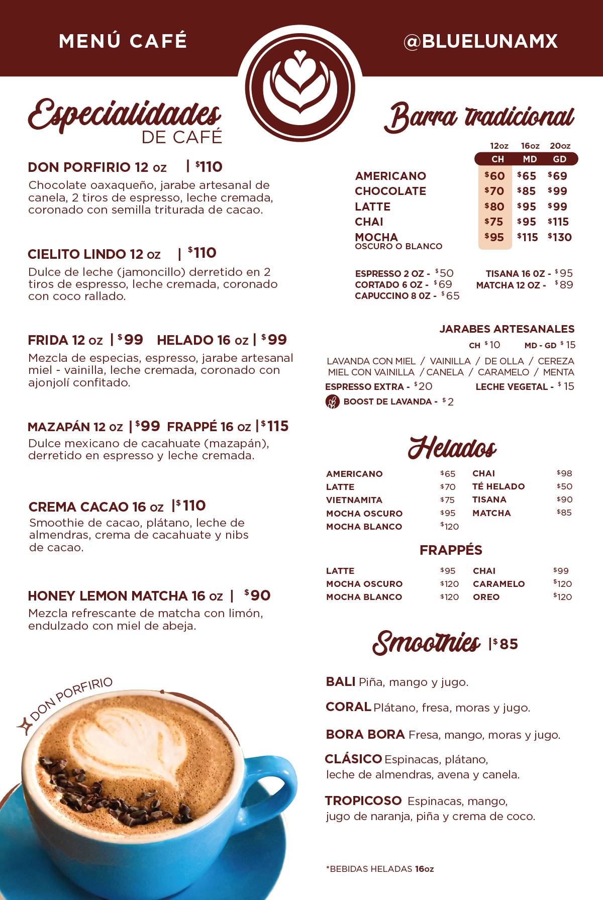 Menu at Blue Luna Café, Tijuana, Av. Ermita Sur 4984