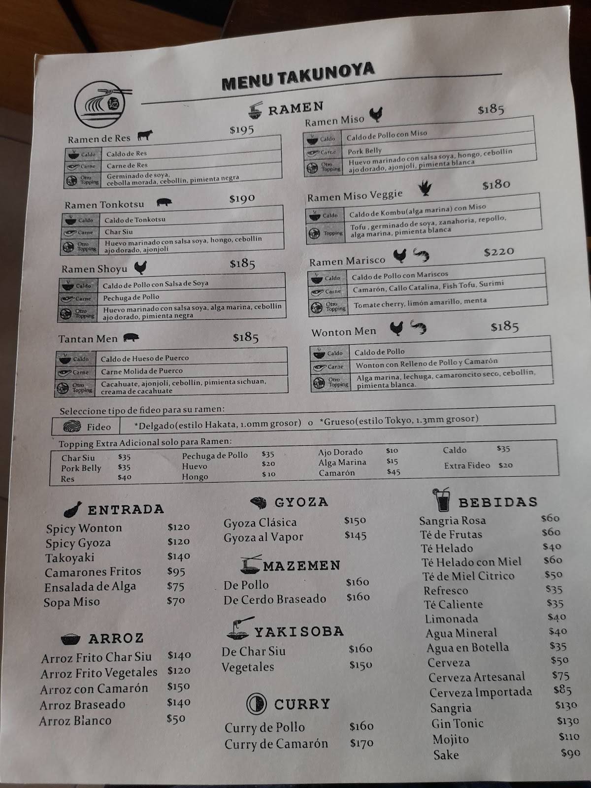 Carta del restaurante Takunoya Ramen & Gyoza, Tijuana