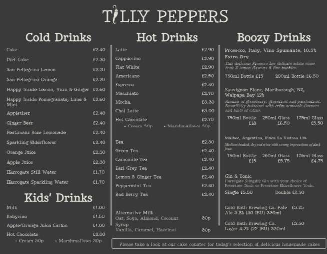 Menu at Tilly Peppers cafe, Harrogate