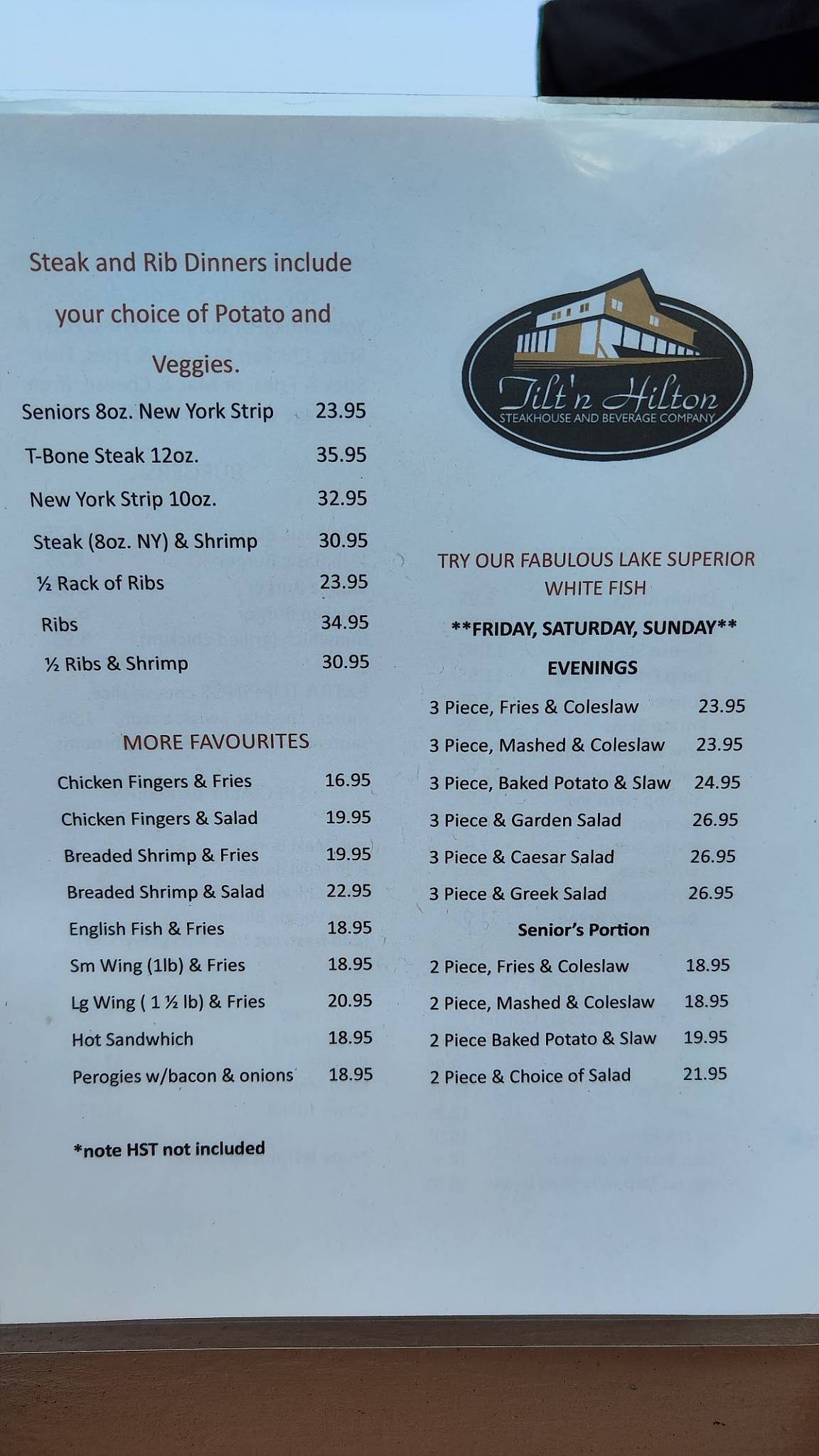 Menu at Tilt'n Hilton Steakhouse, Hilton Beach