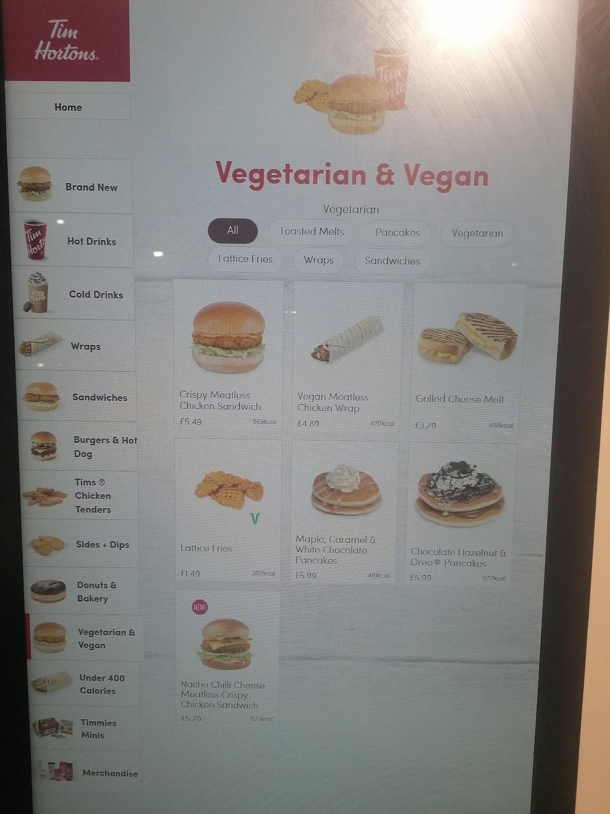 Menu at Tim Hortons restaurant, Mansfield