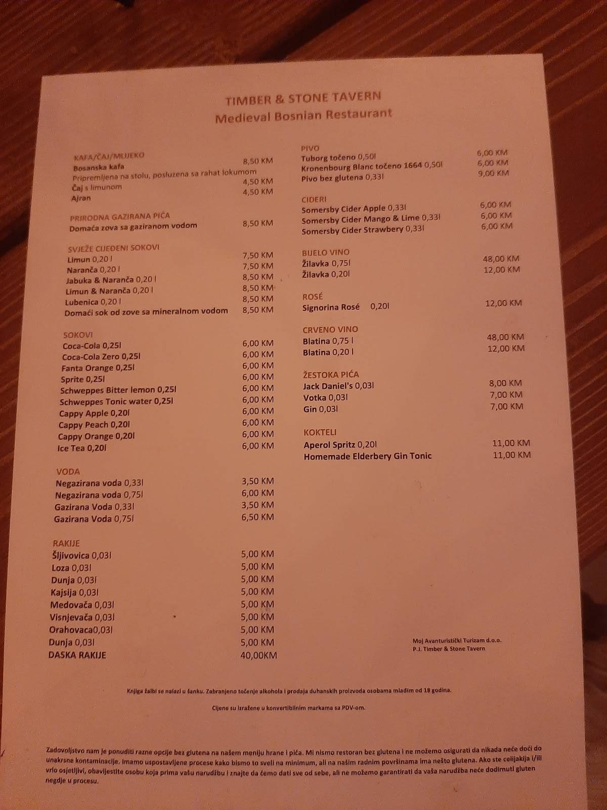 Menu at Timber & Stone Tavern Mostar restaurant, Mostar