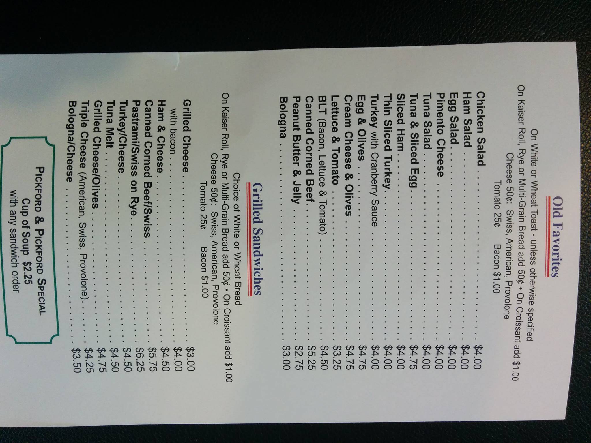 Menu at Timberlakes Drug Store cafe, Charlottesville