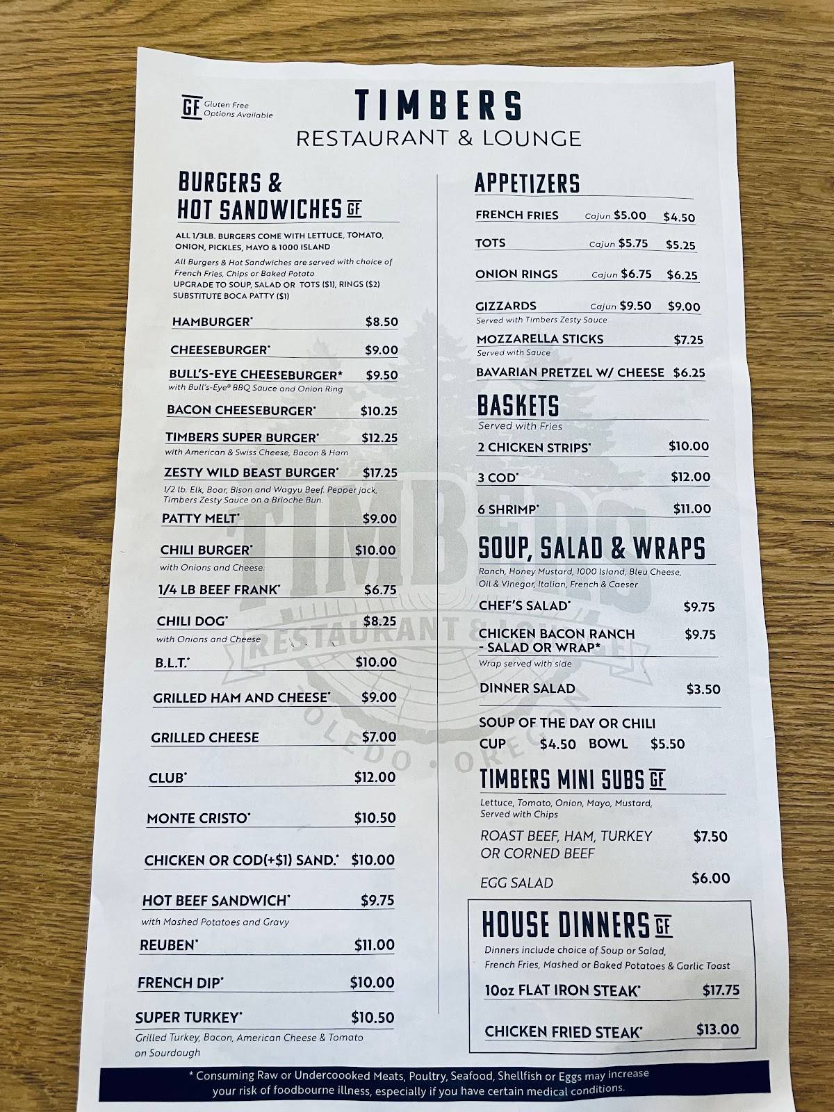 Menu at Timbers Restaurant & Lounge, Toledo