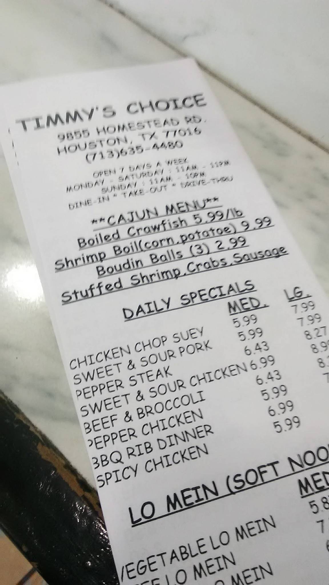 Menu at Timmy's Choice restaurant, Houston, Homestead Rd