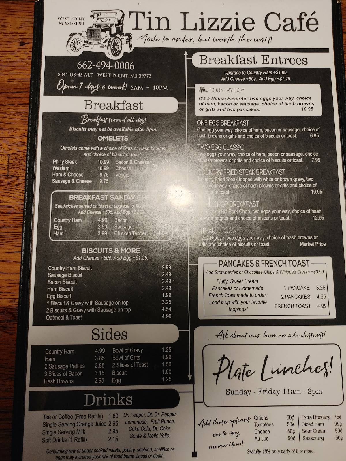 Menu at Tin Lizzie Cafe, West Point, US-45 ALT