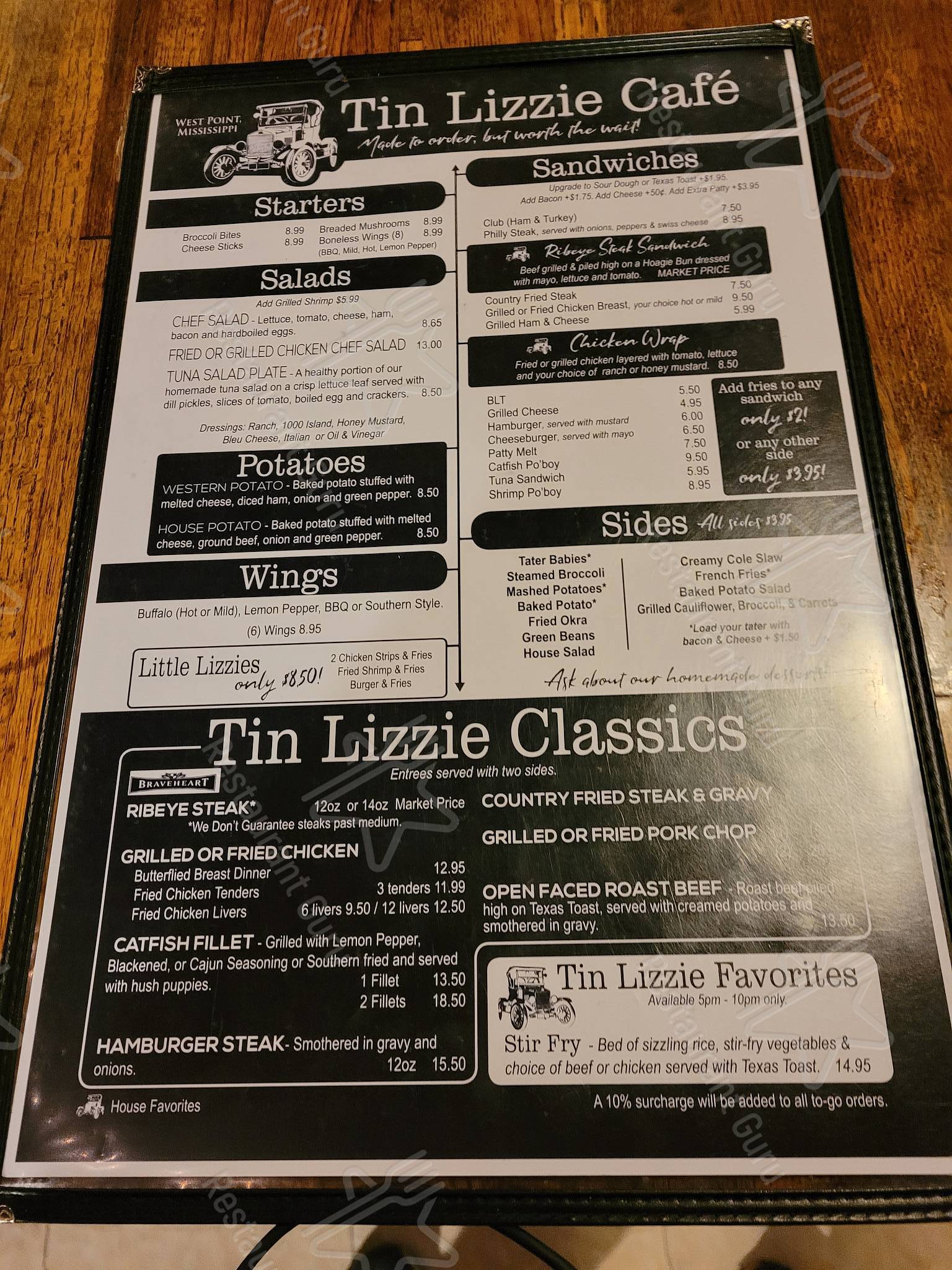 Menu at Tin Lizzie Cafe, West Point, US-45 ALT