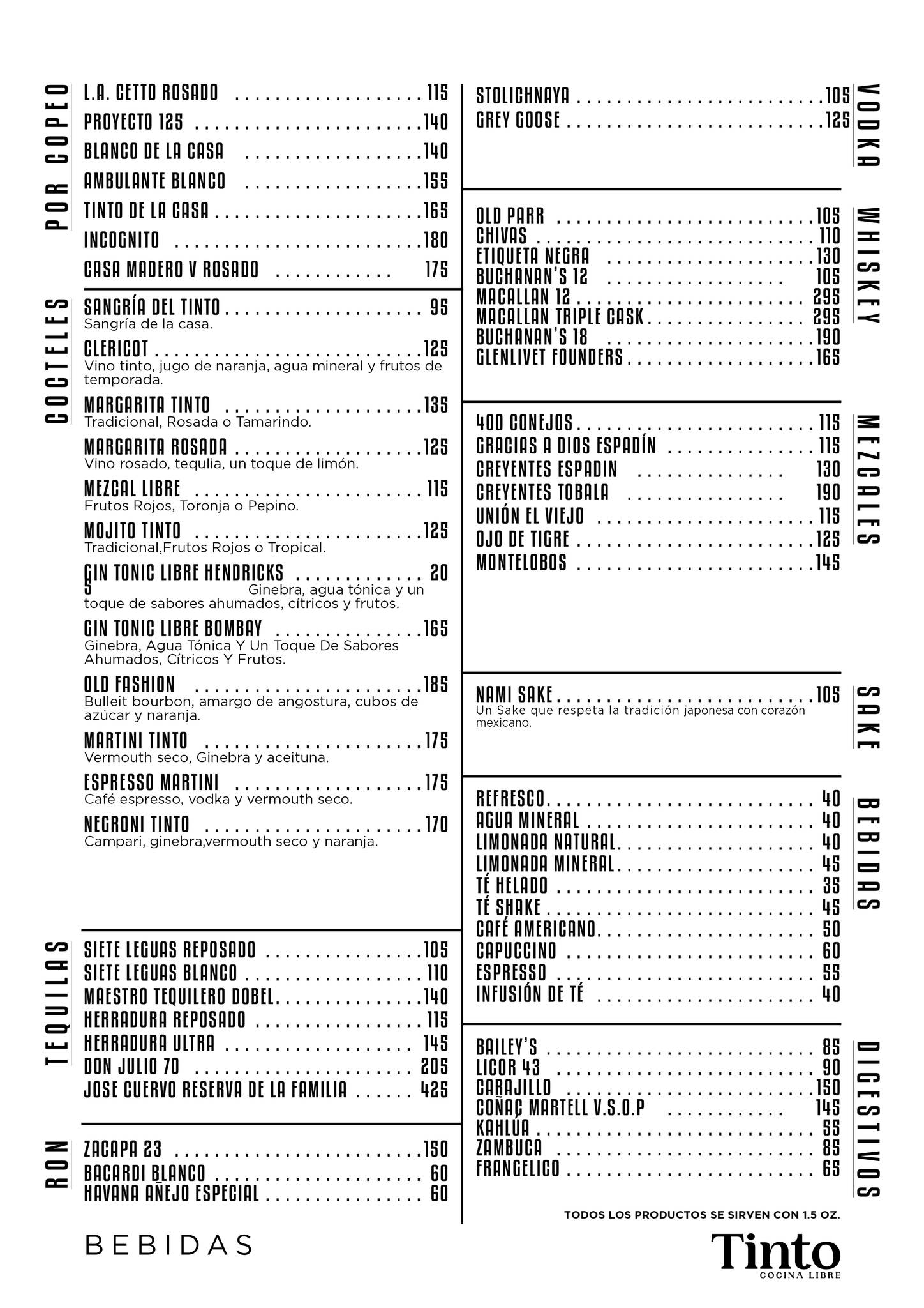 Menu at Tinto Cocina Libre restaurant, Ciudad Juarez