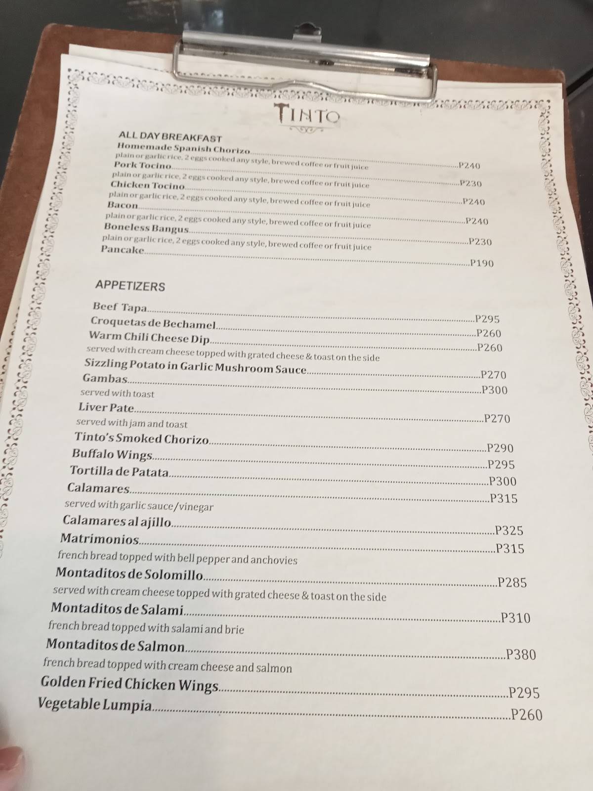 Carta del restaurante Tinto, Dumaguete