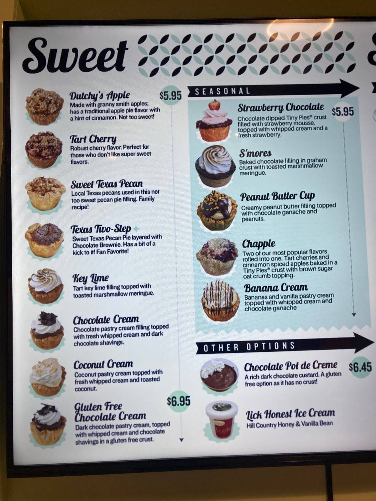Menu at Tiny Pies, Waco