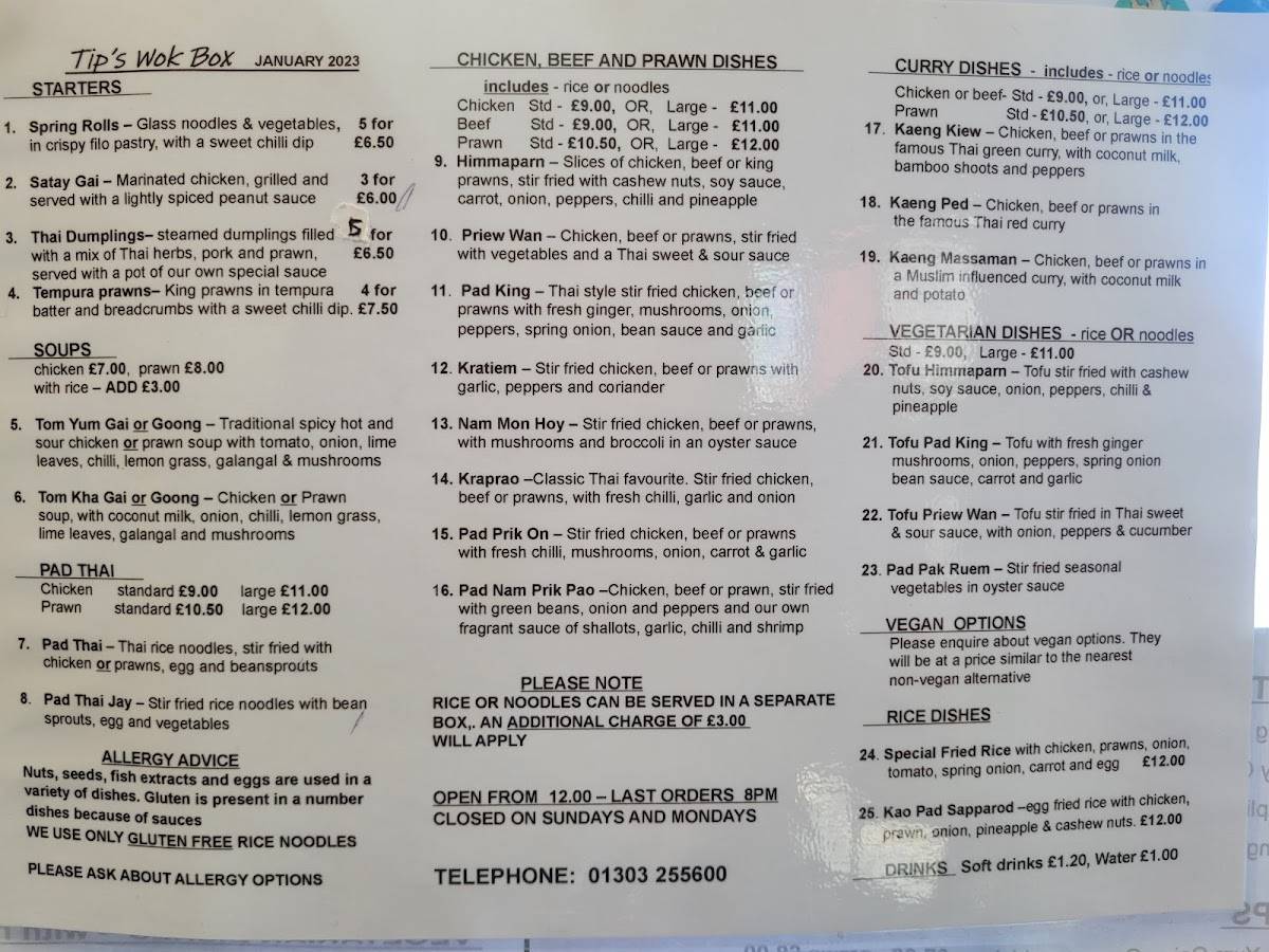 Menu at Tip's Wok Box restaurant, Folkestone