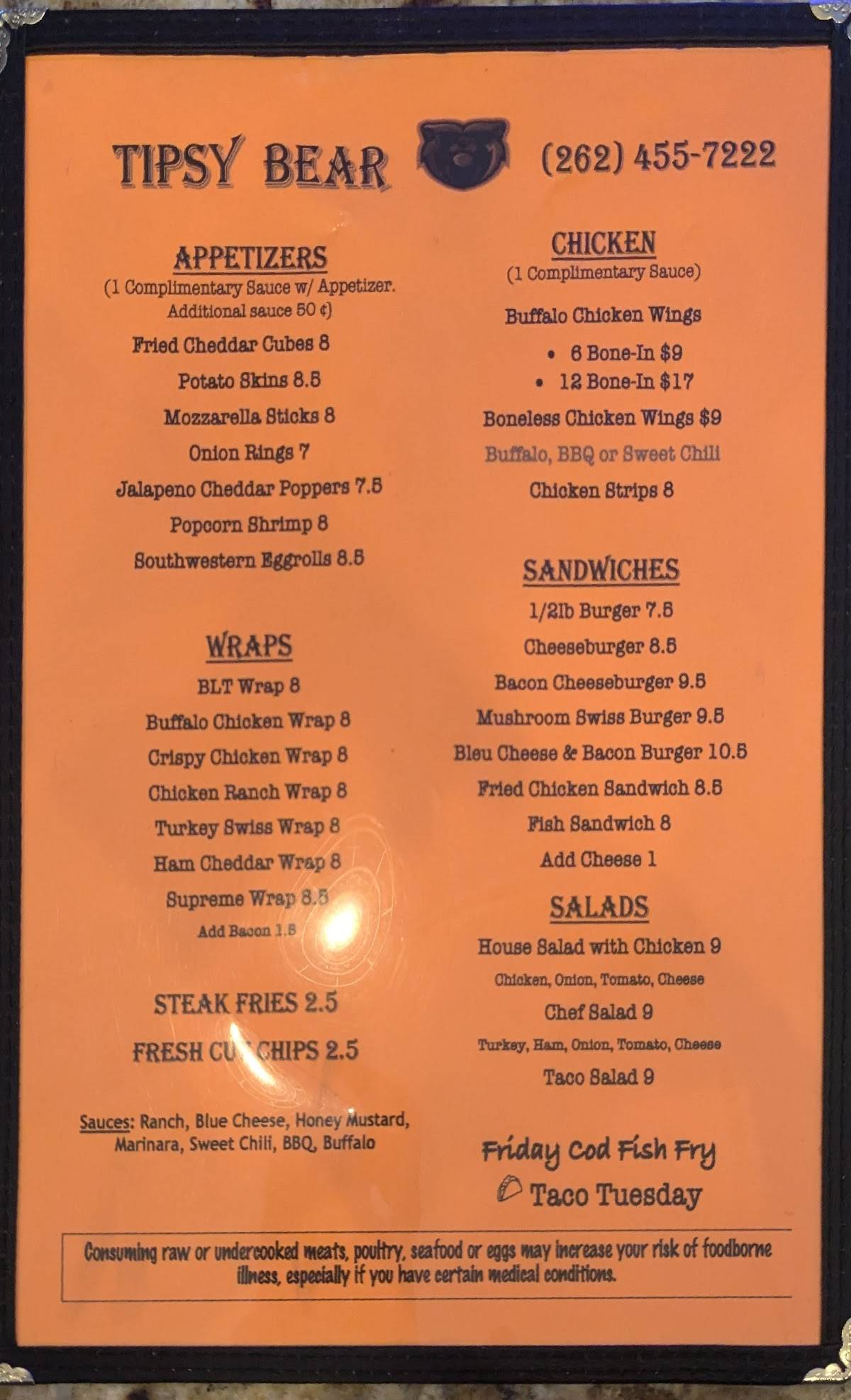 Menu at Tipsy Bear pub & bar, Kenosha