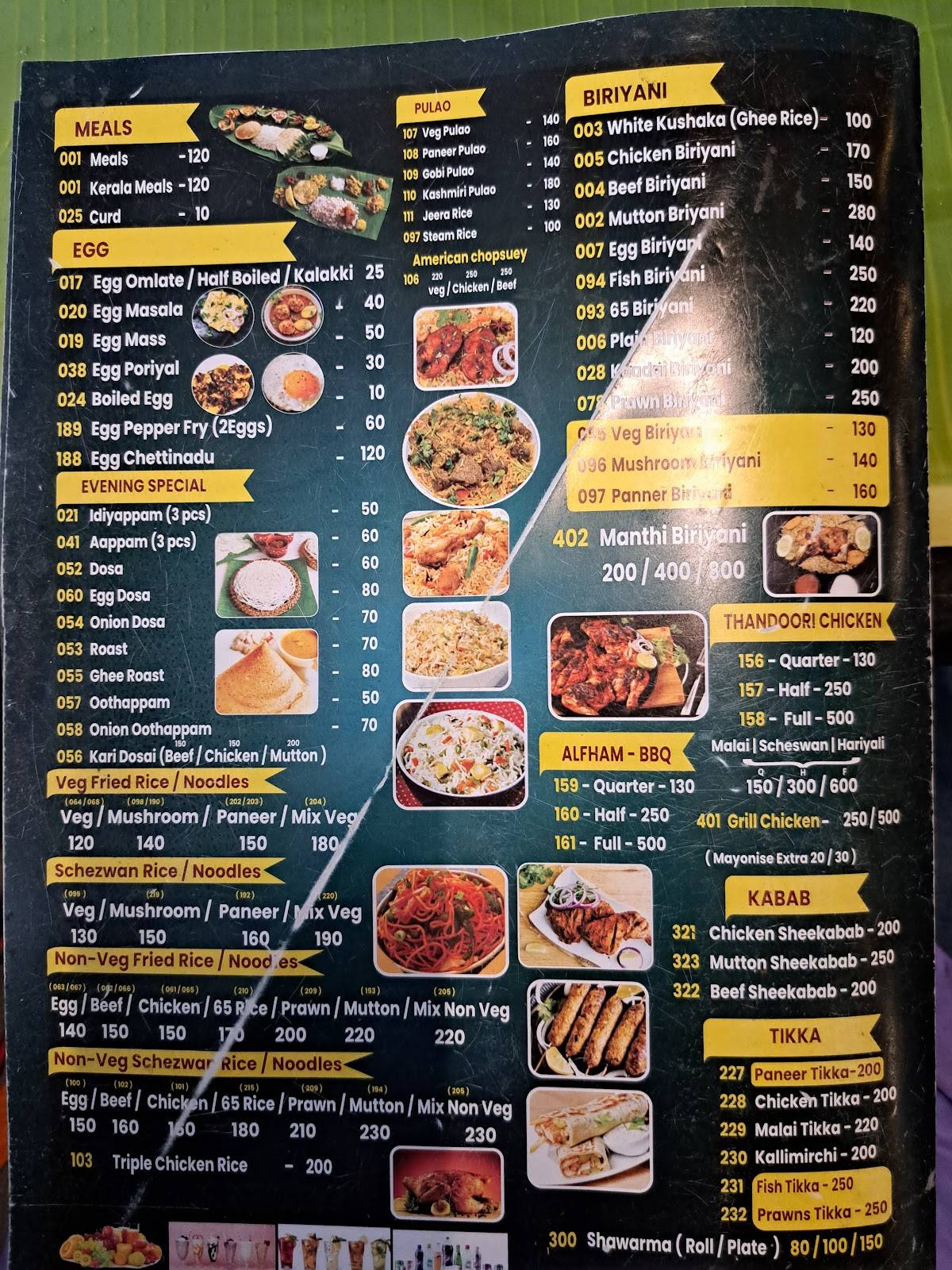 Menu at Kerala Mess, Tiruchirappalli, D 99