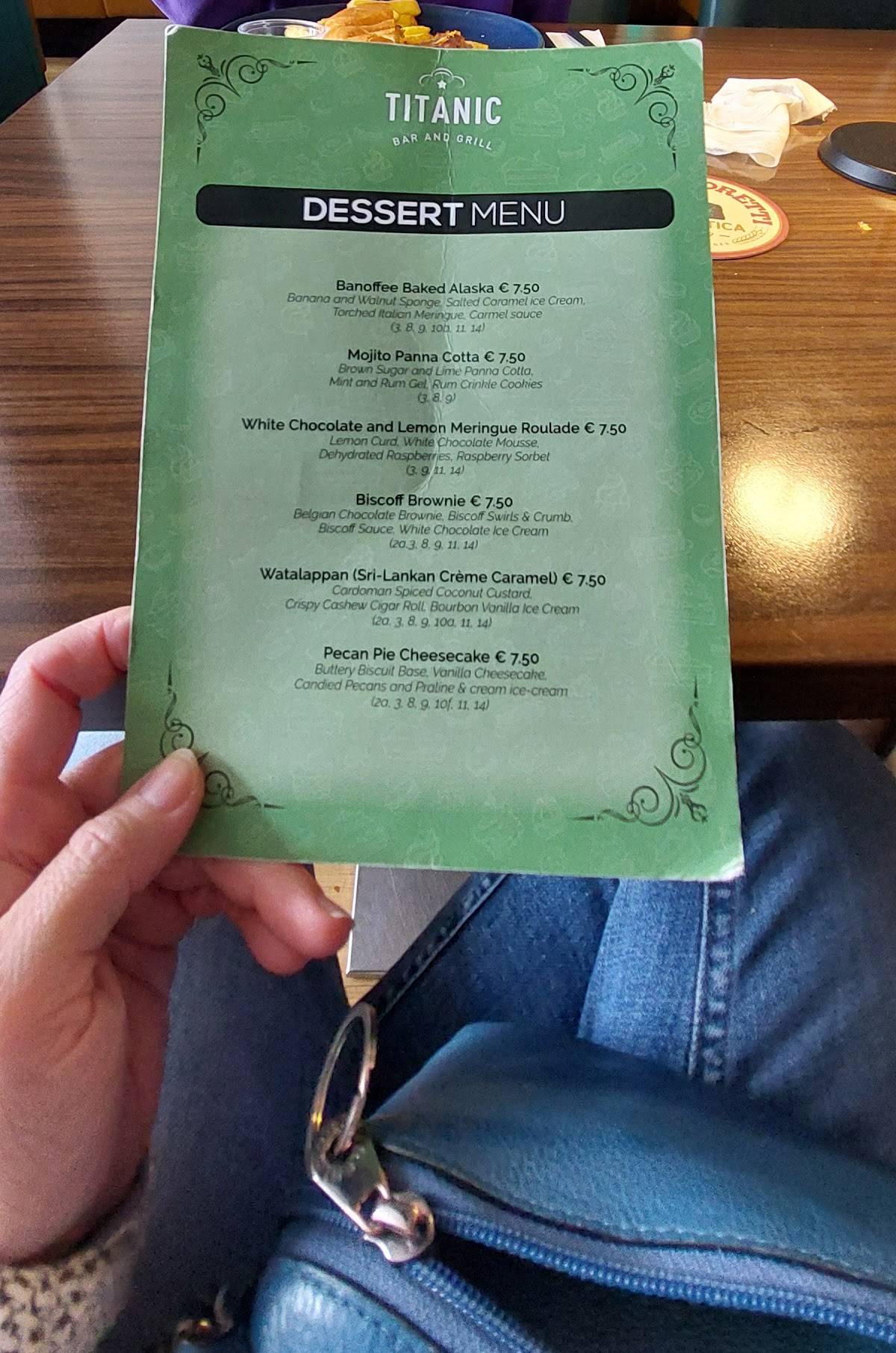 Menu at Titanic Bar and Grill, Cobh