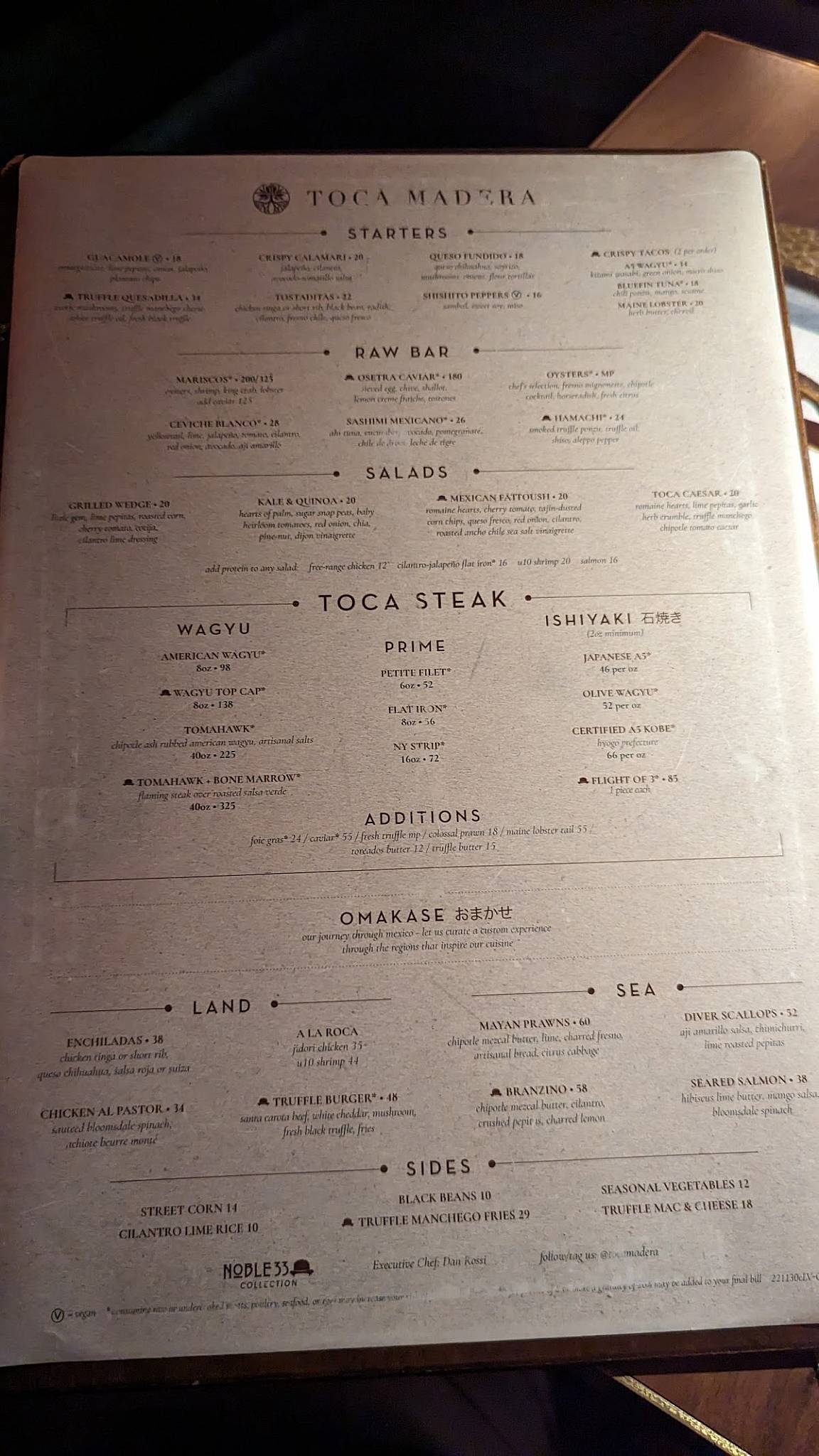 Carta de parrilla Toca Madera Las Vegas, Las Vegas