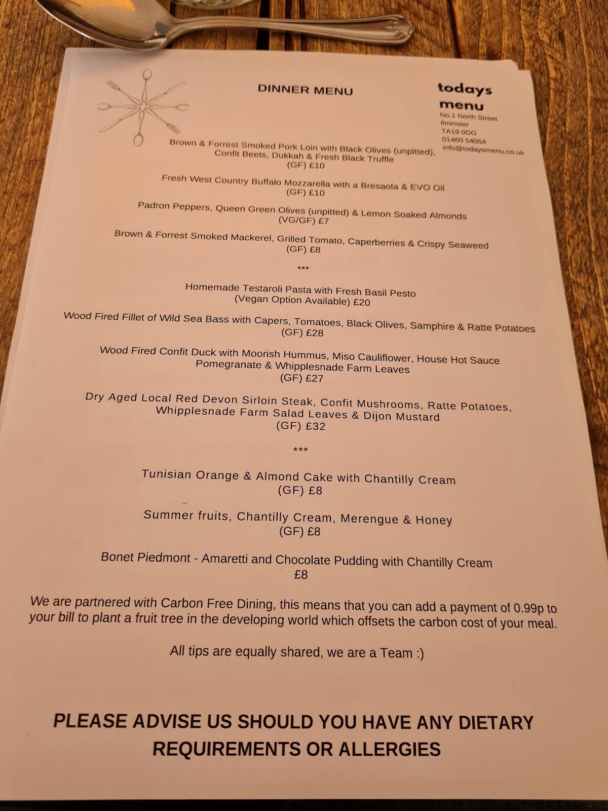 Menu at Todays Menu restaurant, Ilminster
