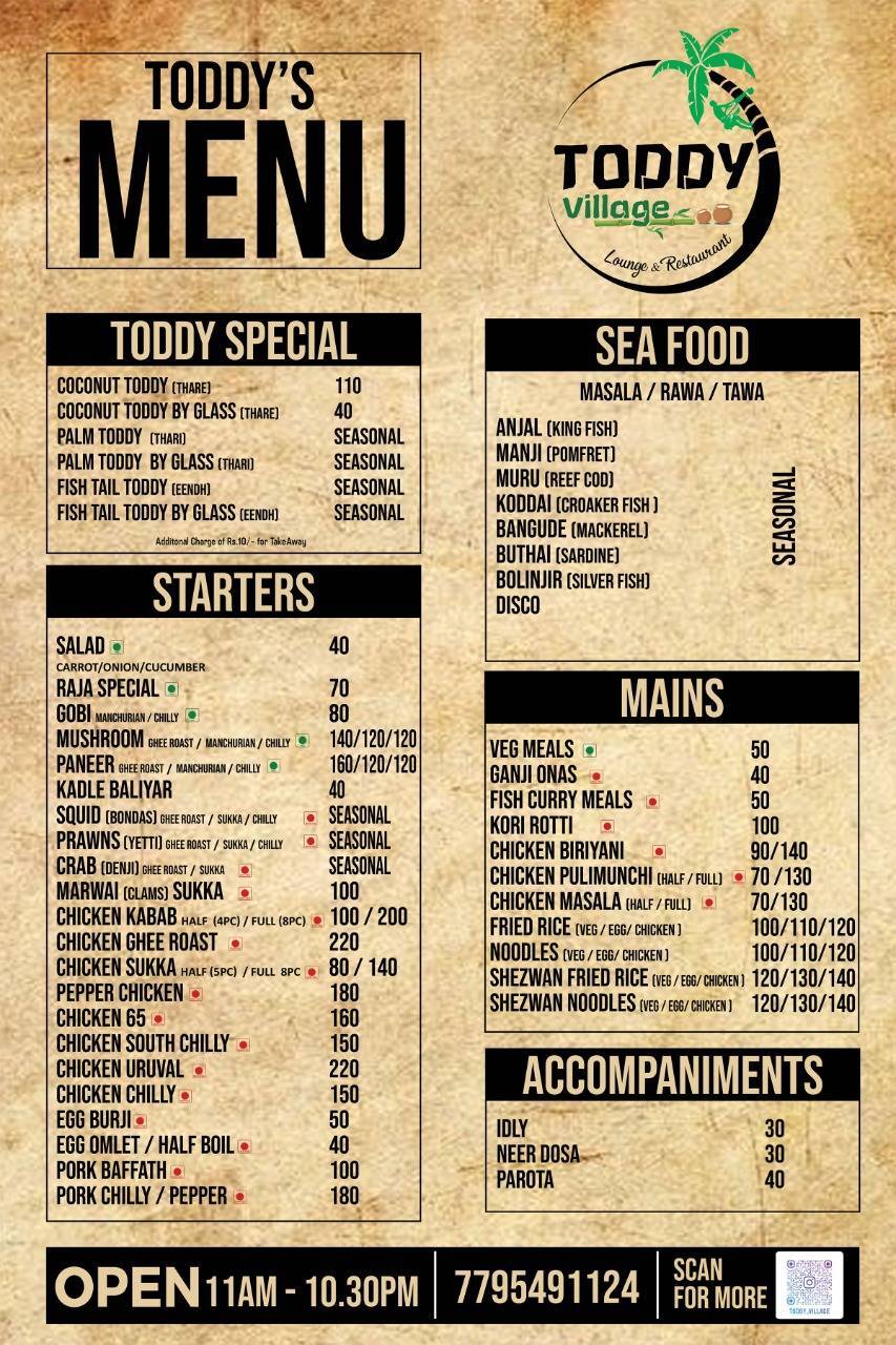 Menu at Toddy Village, Moodbidri